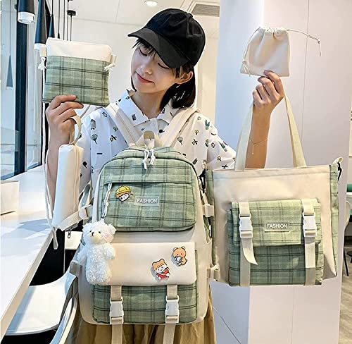 ZHHUIZ 5 Pcs Kawaii Backpack Set with Pins Plush Bear Pendant, Aesthetic Plaid Shoulder Bag School Bag Purse Back to School Supplies (Green), One Size