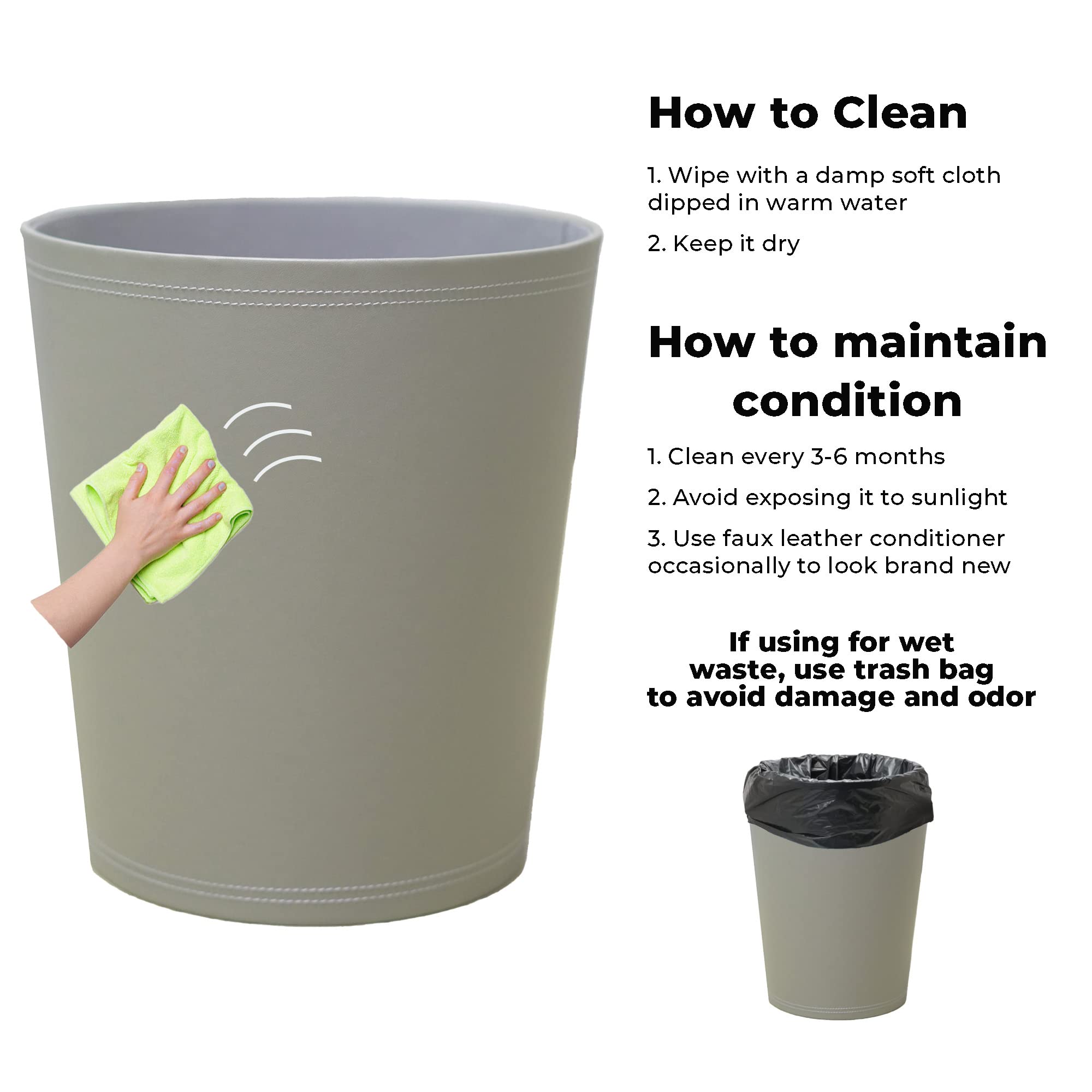 Leather Waste Basket Grey Trash Can Grey Trash Bin Grey Garbage Bin 10 Liter Trash Can Office Trash Bin Decorative Trash Can Garbage Container Home Trash Can Inside Trash Can Office Wastebasket