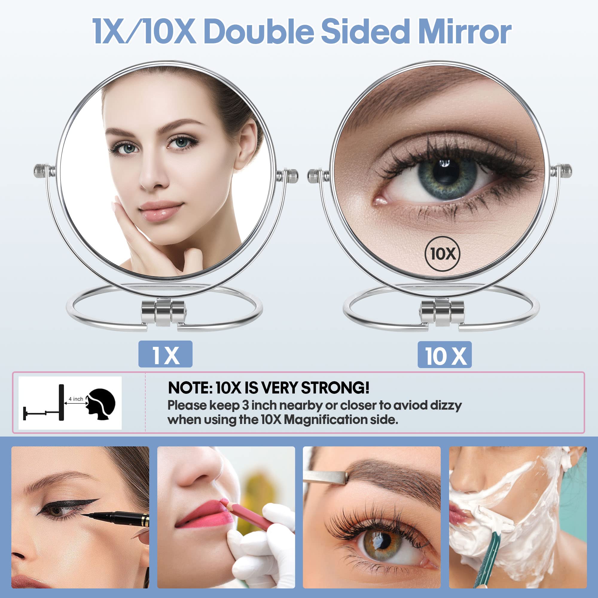 Portable Folding Travel Makeup Mirror,1X/10X Magnifying Vanity Mirror,6” Double-Sided 360° Swivel,Handheld & Wall Hanging Metal Mirror for Home and On-the-Go Use,Travel Storage Bag Included,No Light