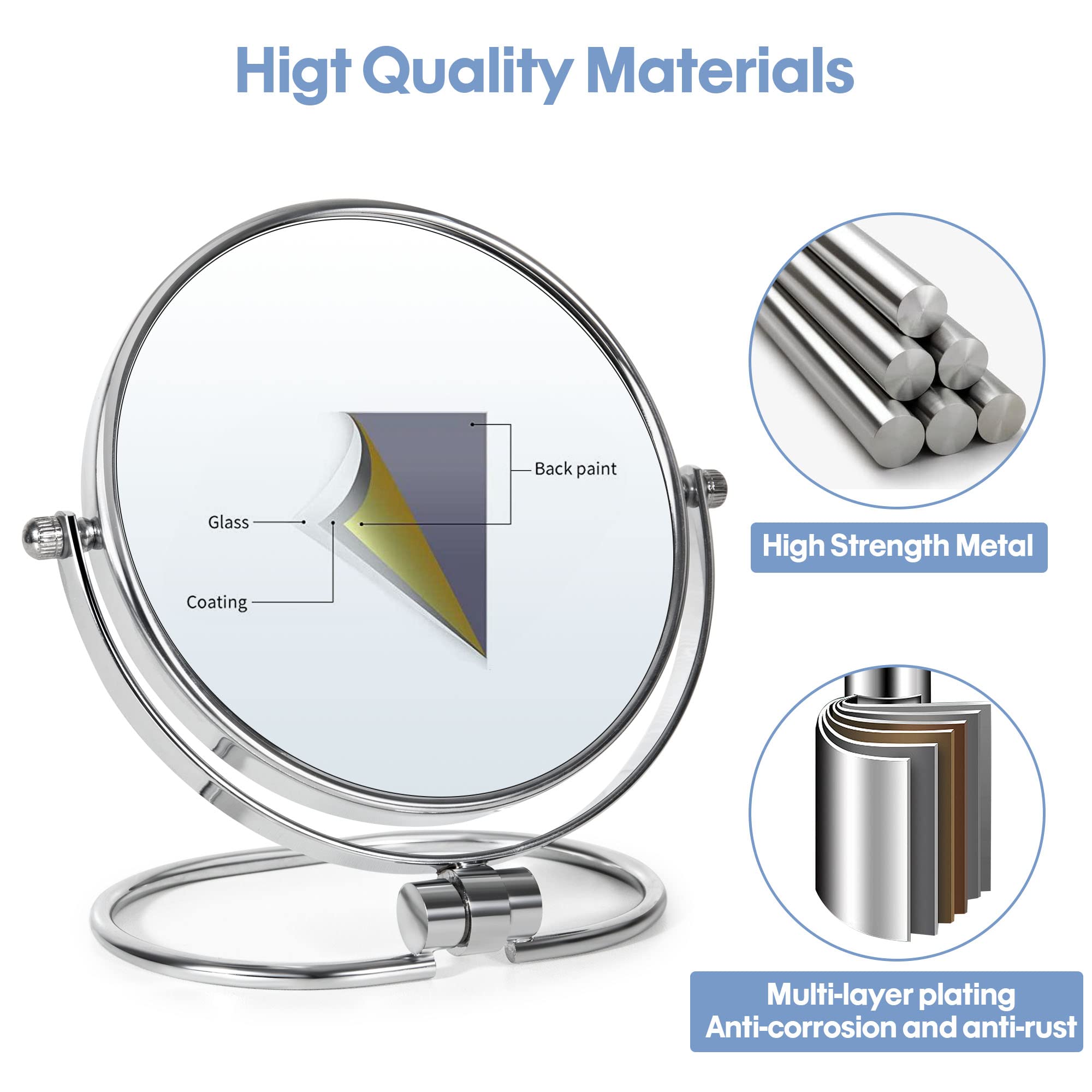 Portable Folding Travel Makeup Mirror,1X/10X Magnifying Vanity Mirror,6” Double-Sided 360° Swivel,Handheld & Wall Hanging Metal Mirror for Home and On-the-Go Use,Travel Storage Bag Included,No Light