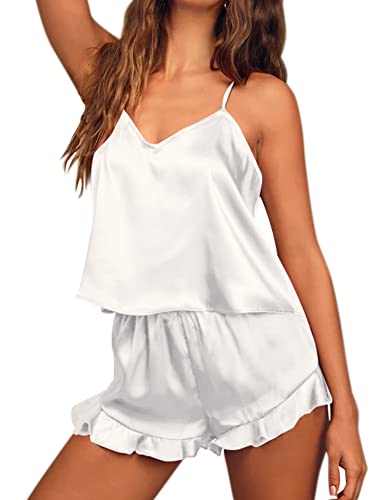 Senert Silk Pajamas Set for Women Satin Sleepwear 2 Piece Lingerie White,S
