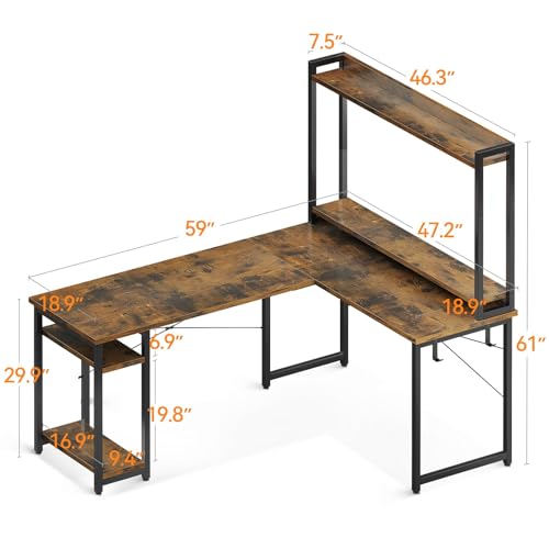 KKL L Shaped Desk with Hutch and Storage Shelves, 59" Inch Home Office Corner Computer Worstation Gaming Desk Rustic Brown