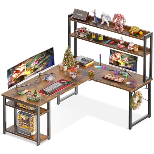 KKL L Shaped Desk with Hutch and Storage Shelves, 59" Inch Home Office Corner Computer Worstation Gaming Desk Rustic Brown