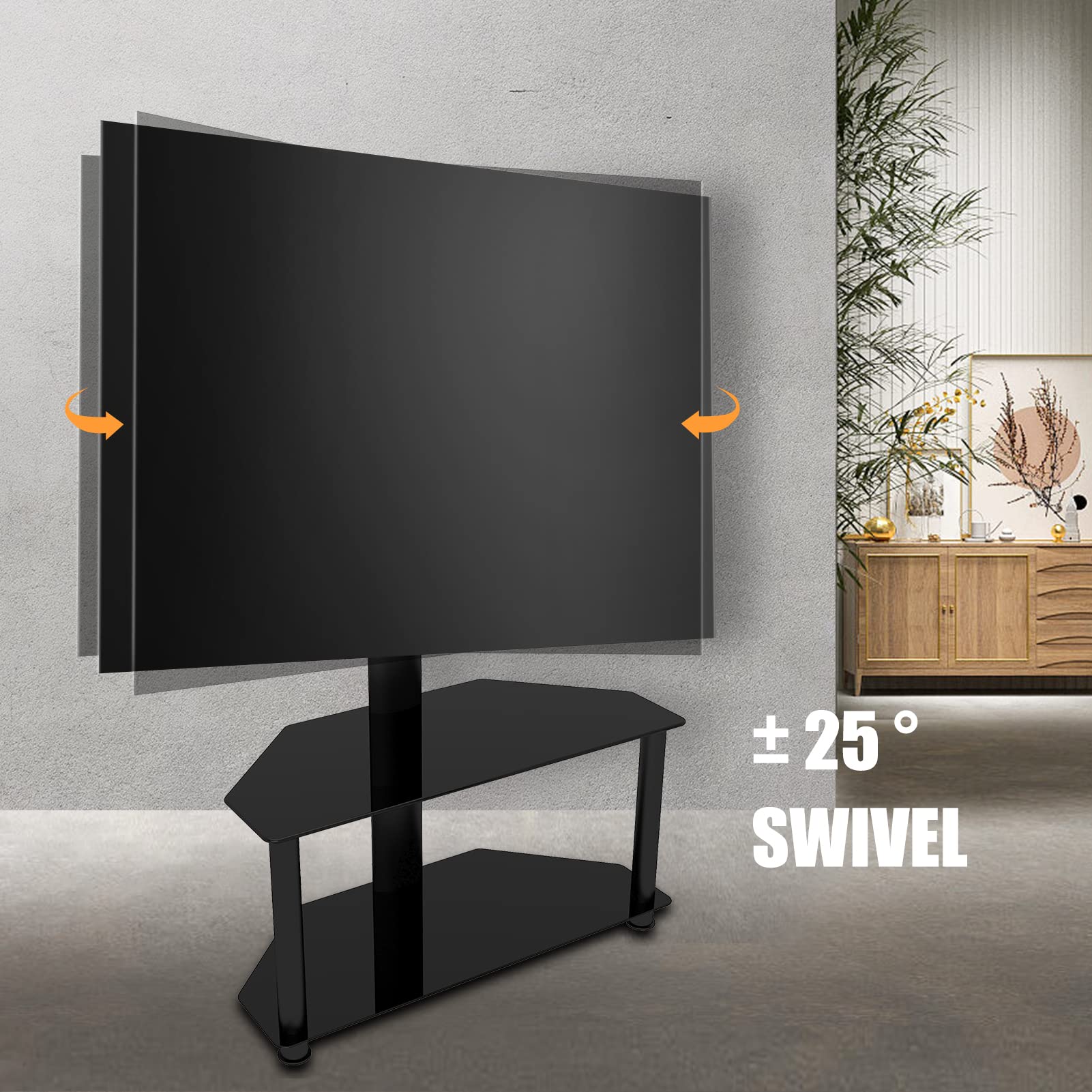 Afaloona Swivel Universal Corner TV Floor Stand with 2 Tier Storage Tempered Glass Shelves and Height Adjustable Entertainment Stand for 32-55 inch Flat or Curved Screen TV