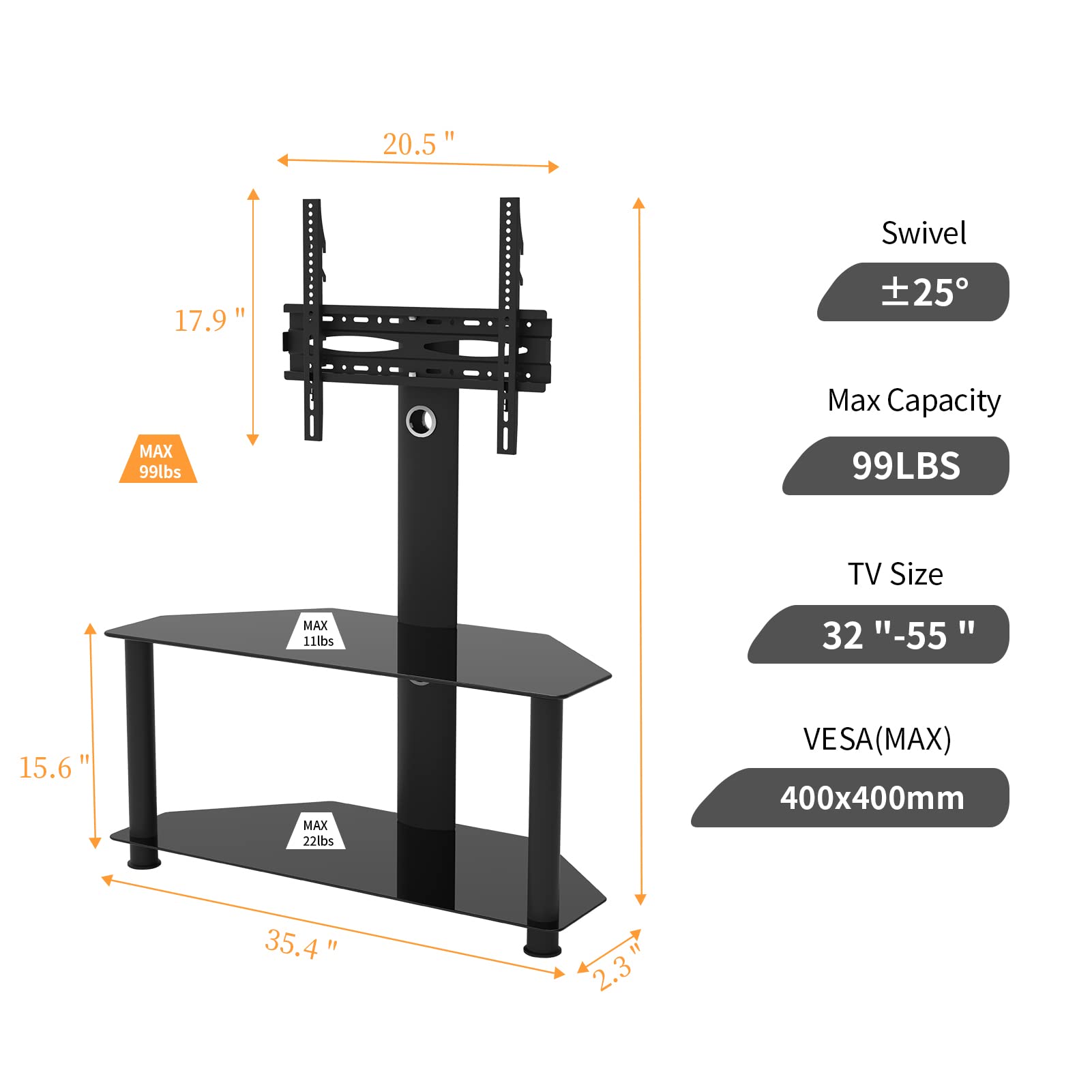 Afaloona Swivel Universal Corner TV Floor Stand with 2 Tier Storage Tempered Glass Shelves and Height Adjustable Entertainment Stand for 32-55 inch Flat or Curved Screen TV