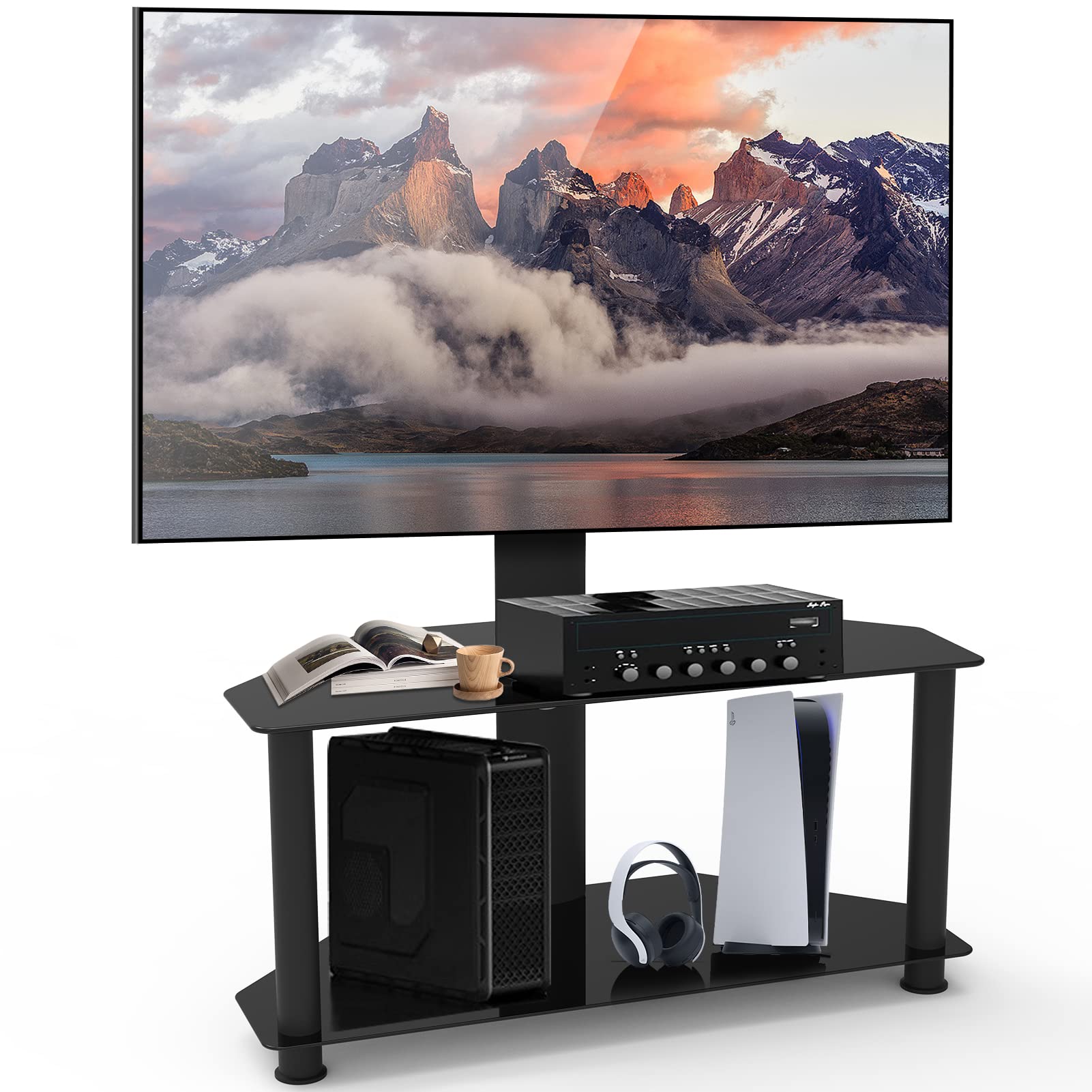Afaloona Swivel Universal Corner TV Floor Stand with 2 Tier Storage Tempered Glass Shelves and Height Adjustable Entertainment Stand for 32-55 inch Flat or Curved Screen TV