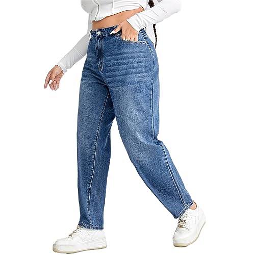 KISSPLUS Plus Size Tapered Jeans for Women High Waist Loose Women Jeans Curvy Stretchy Denim Pants for Women Inseam 30 Light Blue in White 4XL