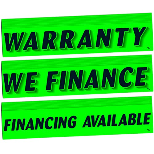 Versa Tags Windshield Slogan Stickers 12 Pack of Warranty Stickers 12 Pack of WE Finance Slogans 12 Pack of FINANCING Available Window Stickers (36) Dealership Stickers Black On Green