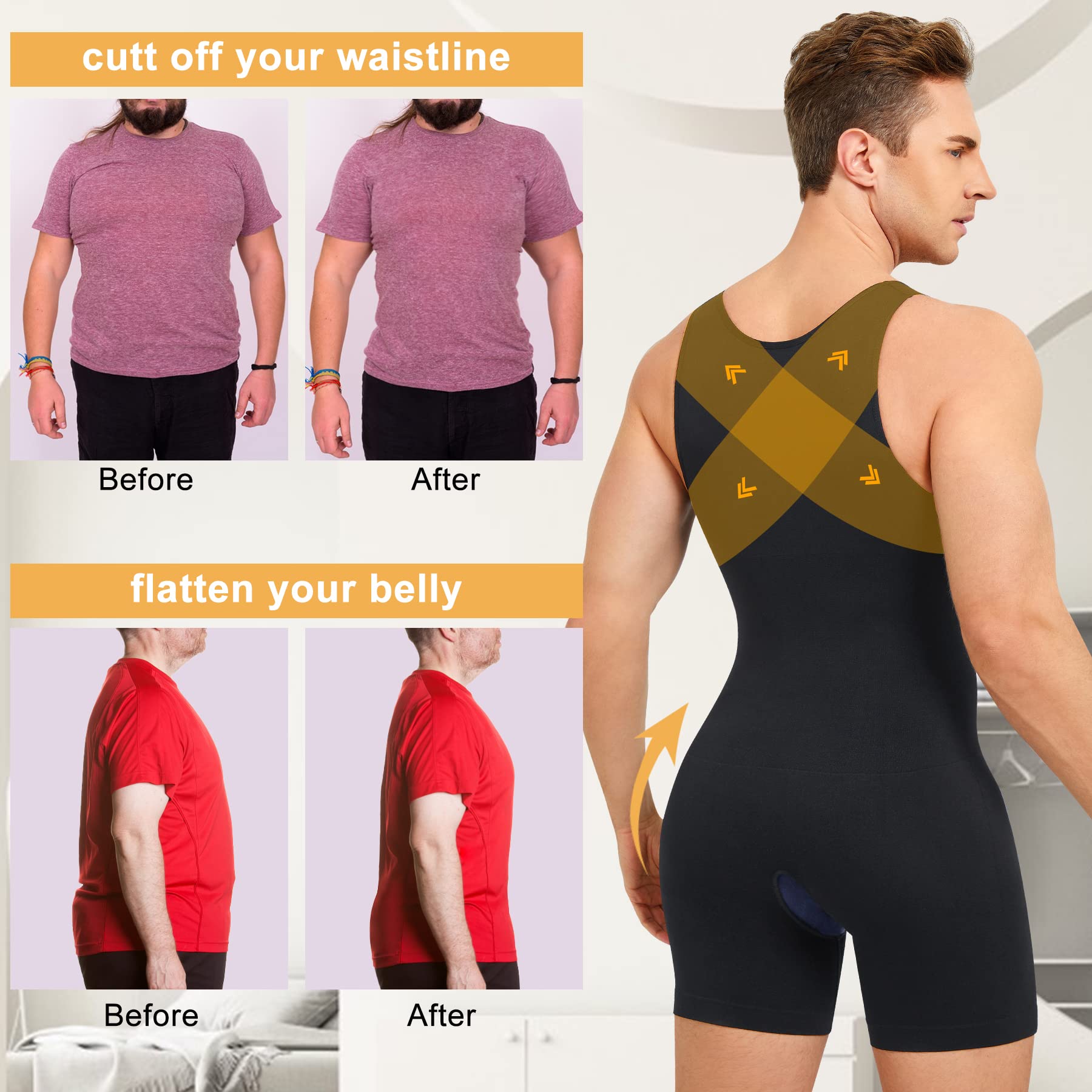 SOLCYSX Mens Sleeveless Full Body Shaper Underwear Slimming Compression Bodysuit Shapewear Tummy Control Fajas Para Hombres (Black, XL-2XL)