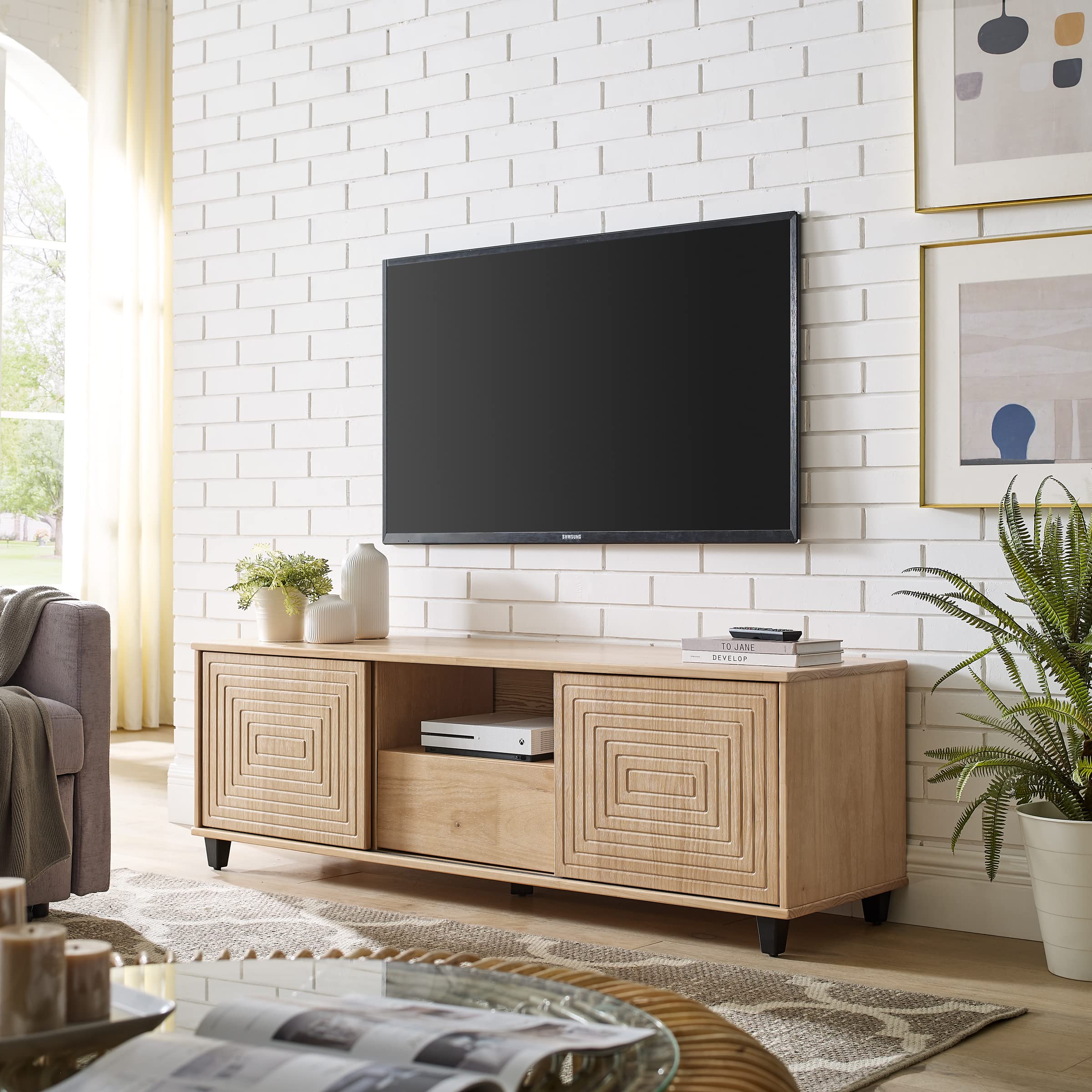 MUSEHOMEINC Wood TV Stand/Media Console with Shelve and Drawer for Living Room,Mid-Century Modern Style,Beige and Black Finish