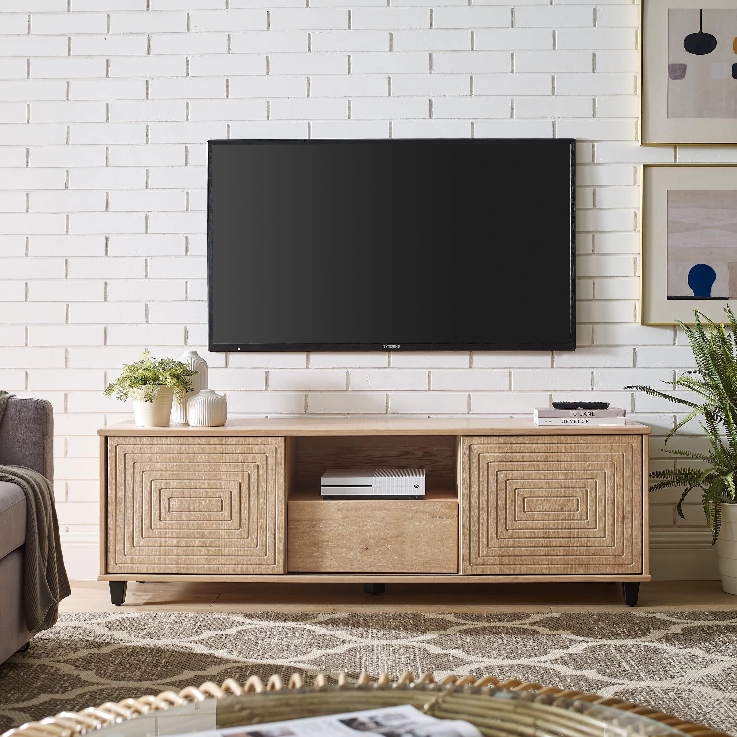 MUSEHOMEINC Wood TV Stand/Media Console with Shelve and Drawer for Living Room,Mid-Century Modern Style,Beige and Black Finish