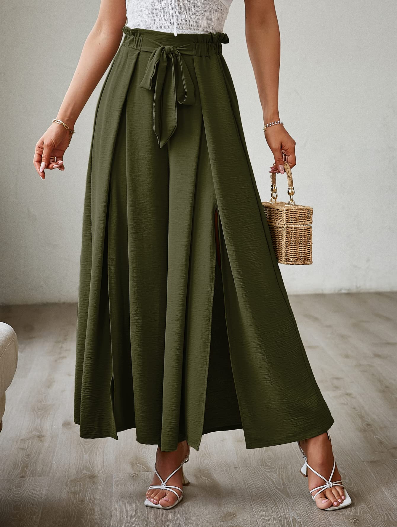 Simplee Women's Pants Printed Palazzo Lounge Wide Leg Casual Flowy Pants with Pockets(XL Olive Green)