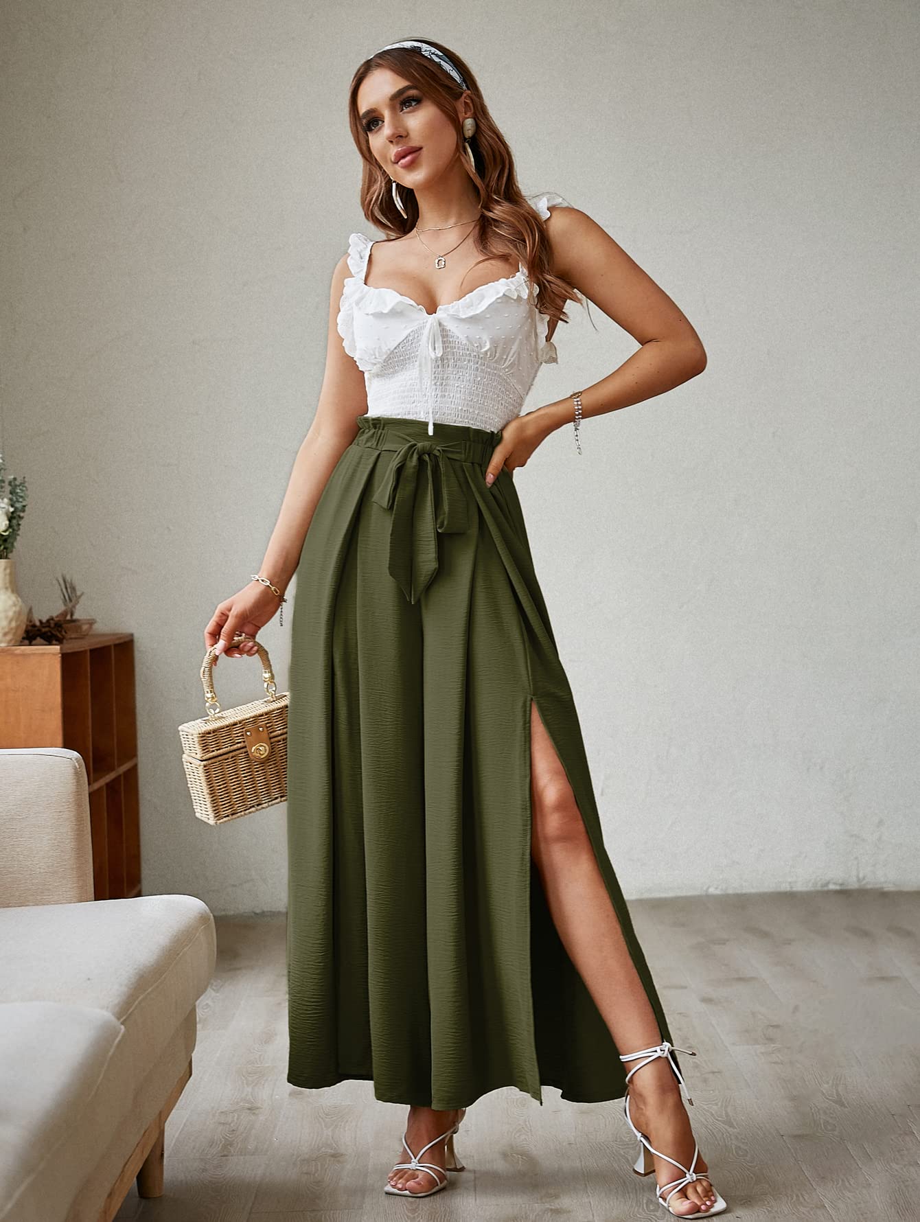 Simplee Women's Pants Printed Palazzo Lounge Wide Leg Casual Flowy Pants with Pockets(XL Olive Green)
