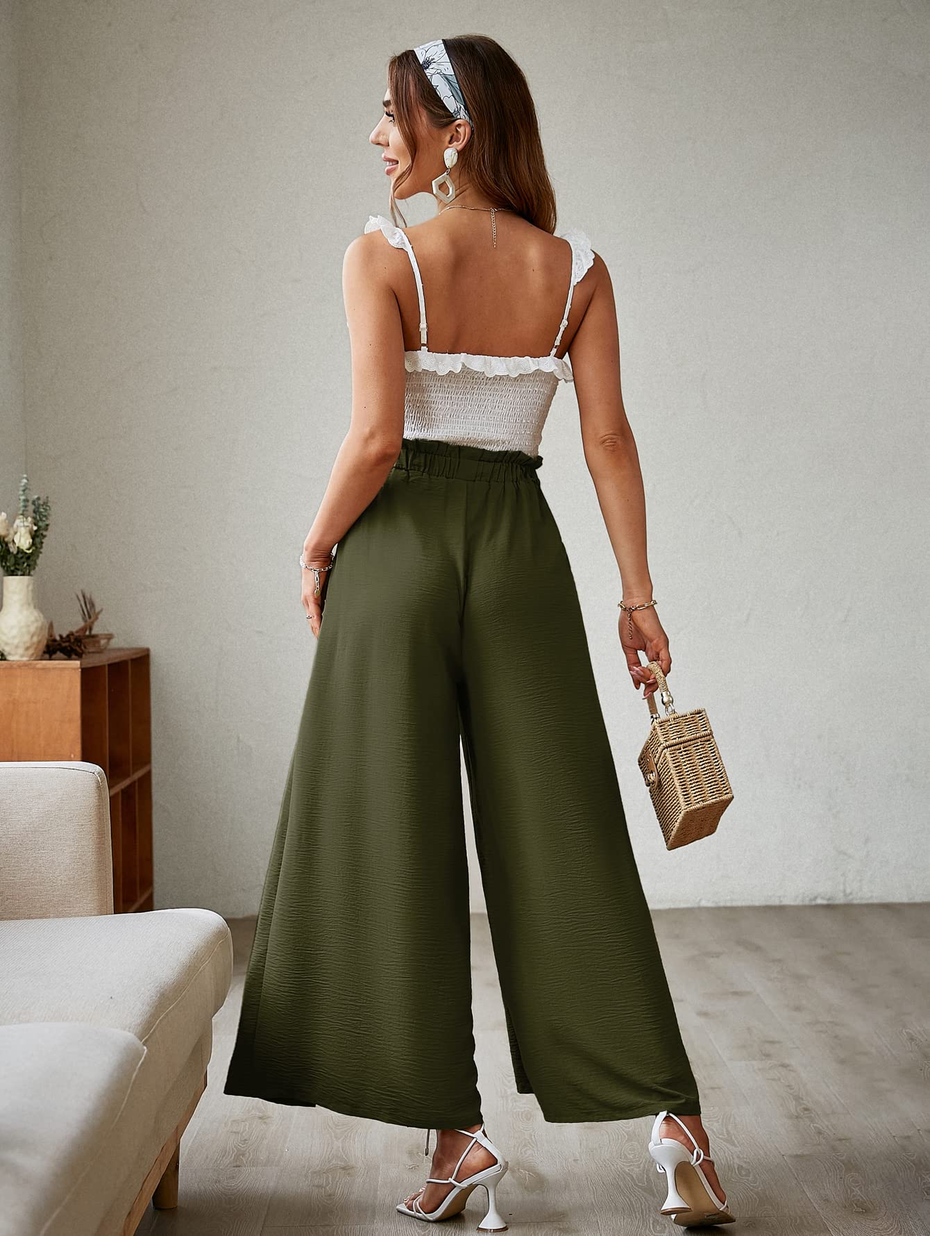 Simplee Women's Pants Printed Palazzo Lounge Wide Leg Casual Flowy Pants with Pockets(XL Olive Green)