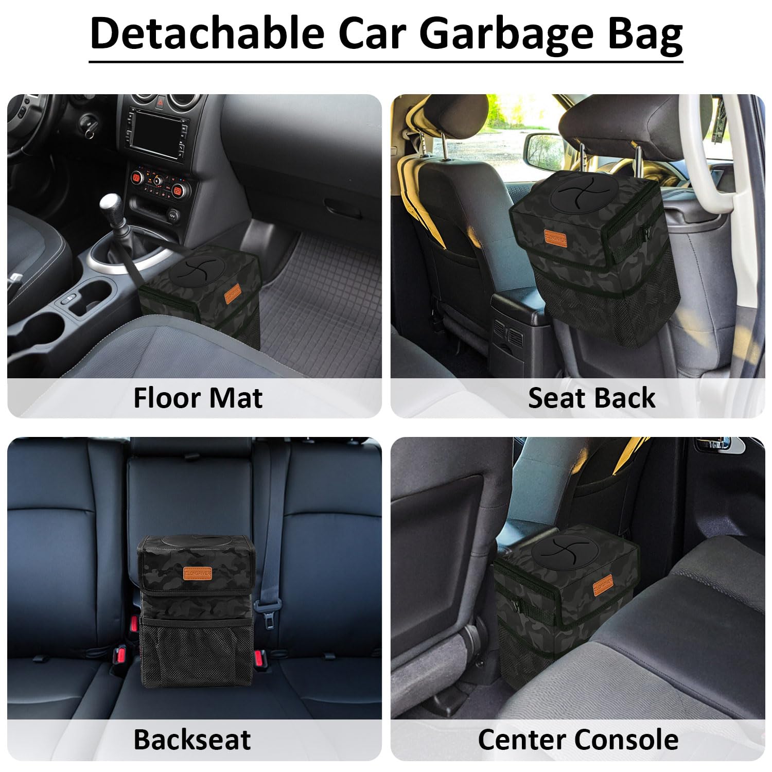 ELONGRIVER Car Trash Can for Car with Lid, Car Organizer Can Trash Bag Hanging Leak Proof Vehicle Trash Can Camo Black