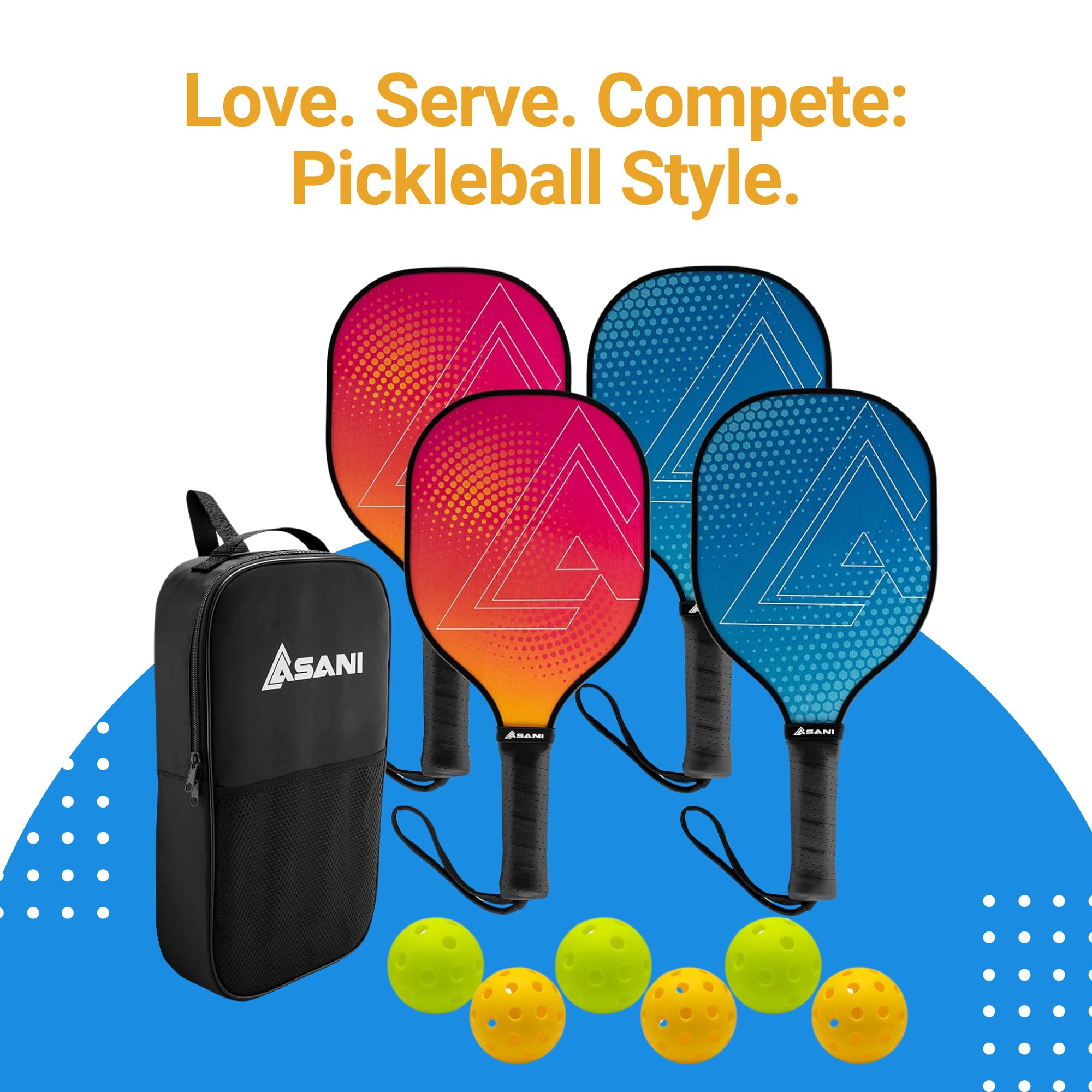 Asani Pickleball Paddle Set of 4-7-Ply Basswood Construction with Durable Edge Guard, Includes 6 Balls and Carry Bag, Ideal for Beginners and Intermediates