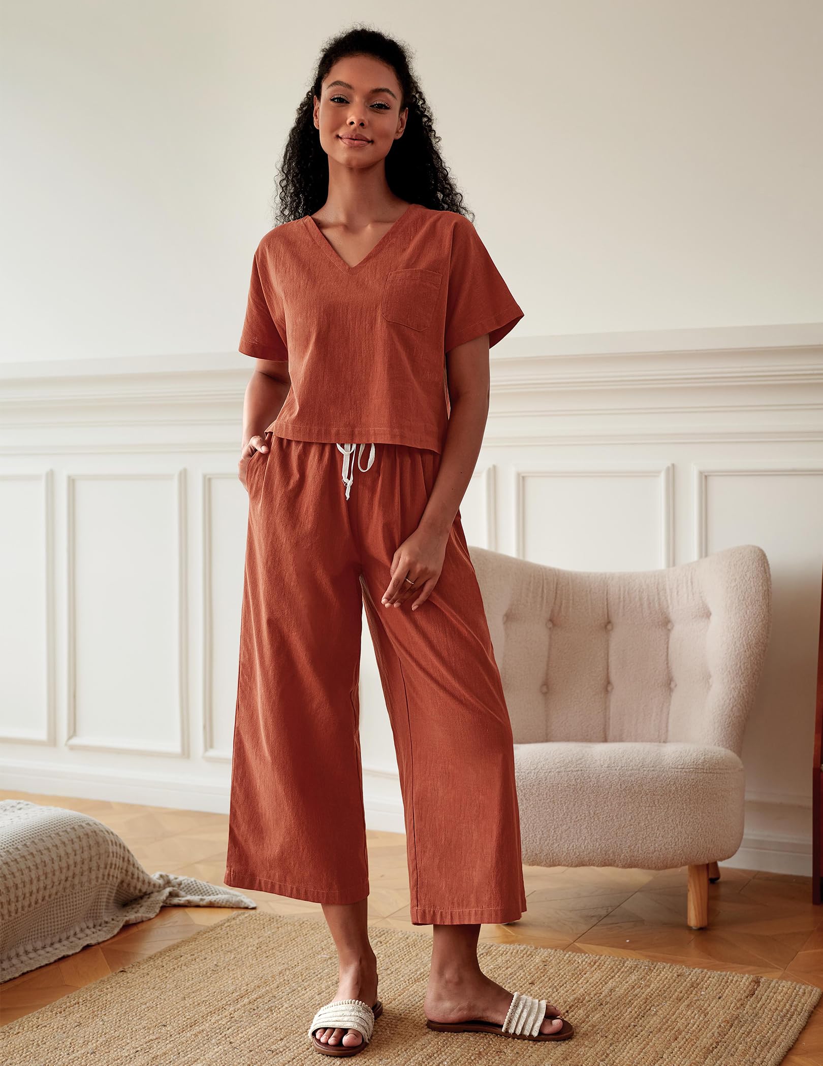 Ekouaer Women's 100% Cotton Linen Lounge Set Short Sleeve Top Wide Leg Pant Pajama Set Outfits,Clay,Medium
