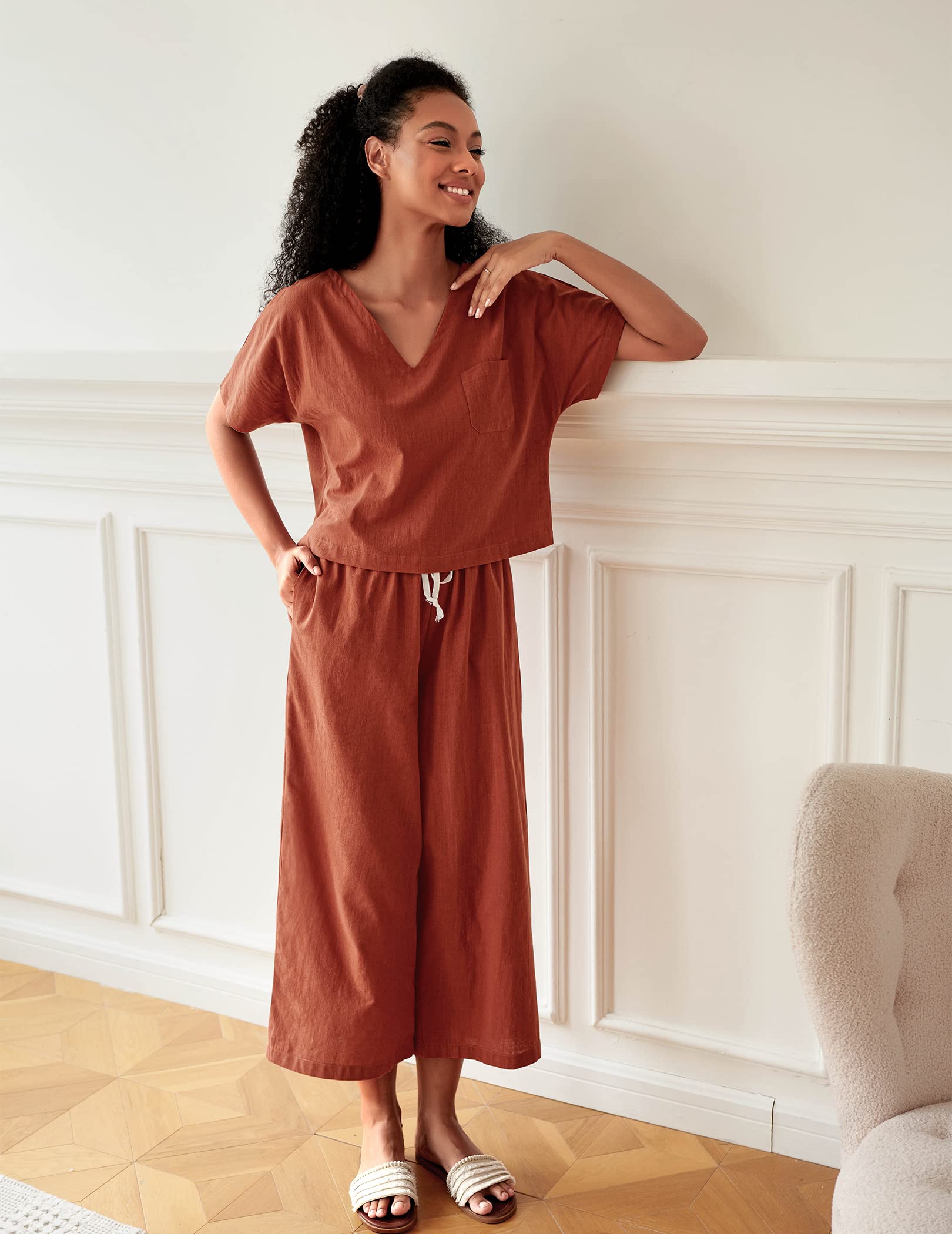 Ekouaer Women's 100% Cotton Linen Lounge Set Short Sleeve Top Wide Leg Pant Pajama Set Outfits,Clay,Medium