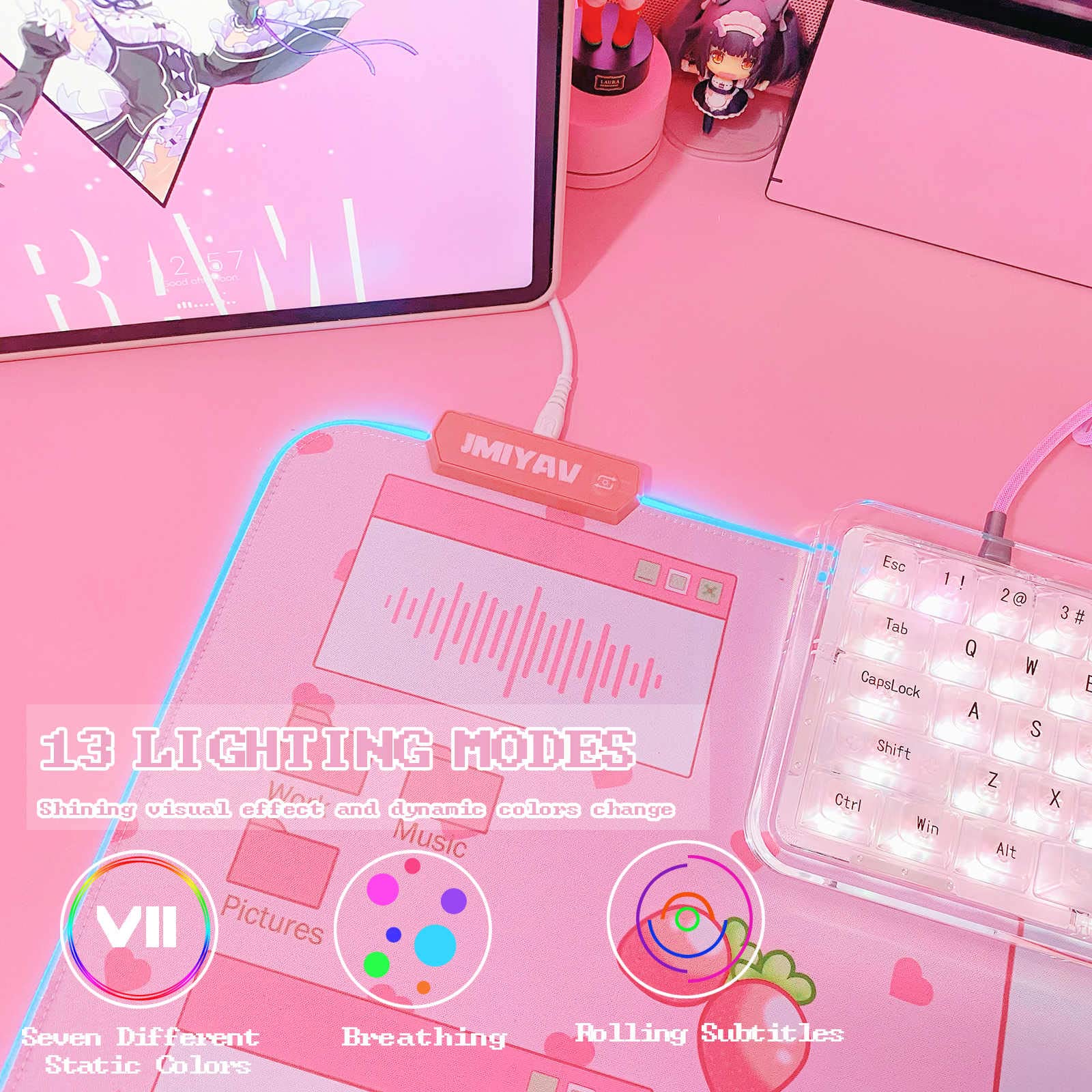 JMIYAV Pink RGB Gaming Mouse Pad 31.5x12 Inch PC XL Large Extended Glowing Led Light Up Desk Pad Non-Slip Rubber Base Computer Mouse Pad Cute Mousepad Mat 31.5x12 Inch