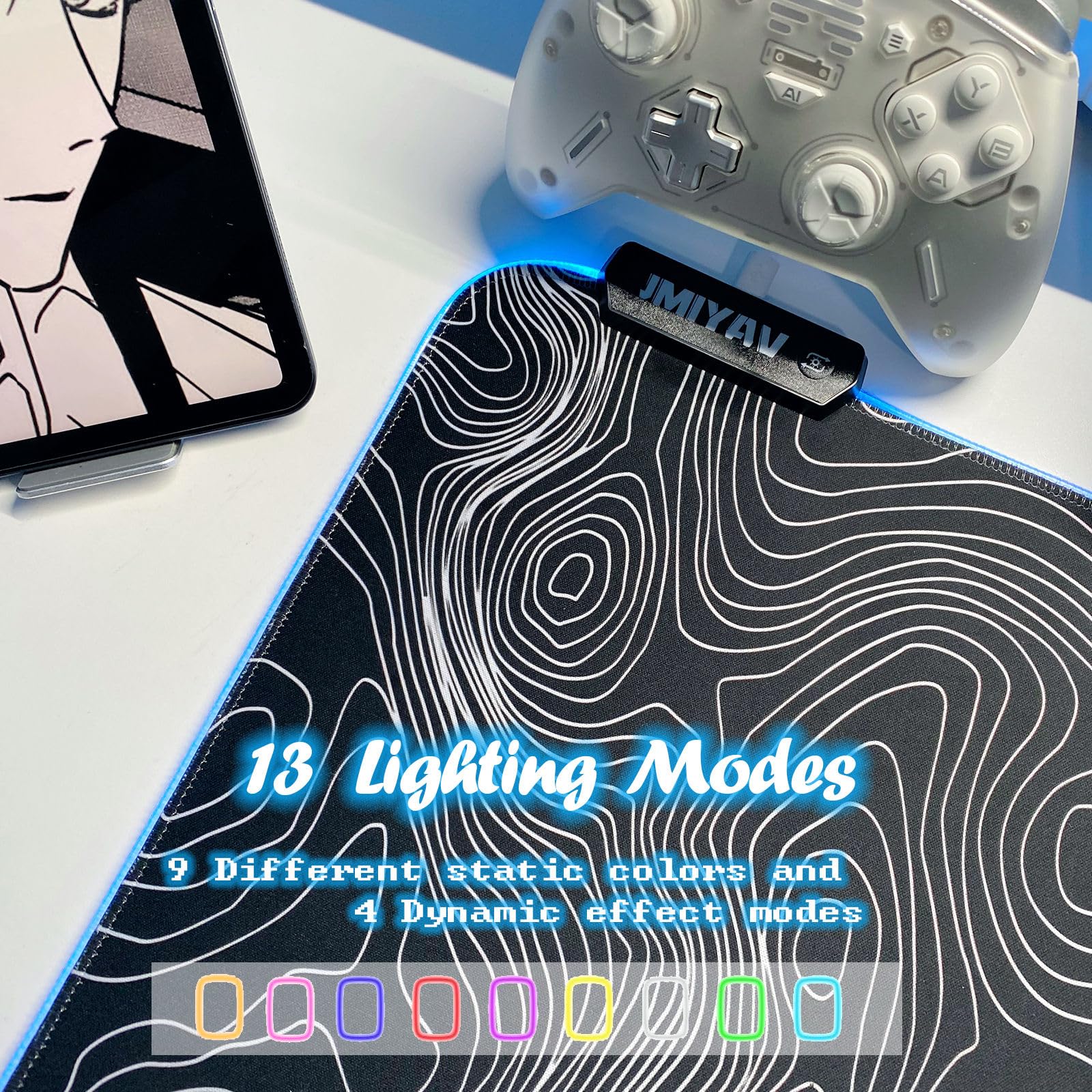 JMIYAV Topographic Gaming Mouse Pad RGB Mousepad Non-Slip Rubber Base Extra Large Cool XL XXL Computer Desk Pad Gaming Accessories LED Light Up Extended Big Mouse Pad for Gamer Black (31.5x12In)
