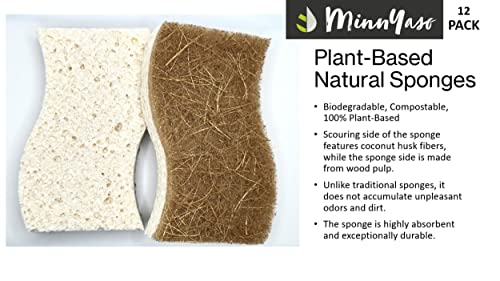 MinnYaso 12 Pack S-Shape Natural Sponges, Hemp Sisal Plant Based Scrubber Scouring Sponge, Eco-Friendly Odor Free Biodegradable Compostable Wood Pulp Sustainable Scrub Pads for Kitchen Dishes Bathroom