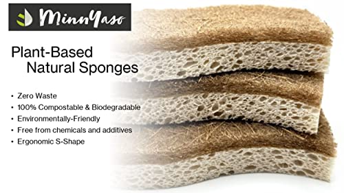 MinnYaso 12 Pack S-Shape Natural Sponges, Hemp Sisal Plant Based Scrubber Scouring Sponge, Eco-Friendly Odor Free Biodegradable Compostable Wood Pulp Sustainable Scrub Pads for Kitchen Dishes Bathroom