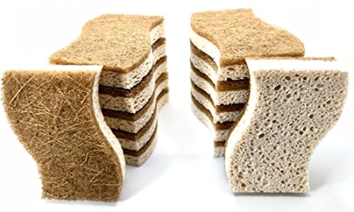MinnYaso 12 Pack S-Shape Natural Sponges, Hemp Sisal Plant Based Scrubber Scouring Sponge, Eco-Friendly Odor Free Biodegradable Compostable Wood Pulp Sustainable Scrub Pads for Kitchen Dishes Bathroom