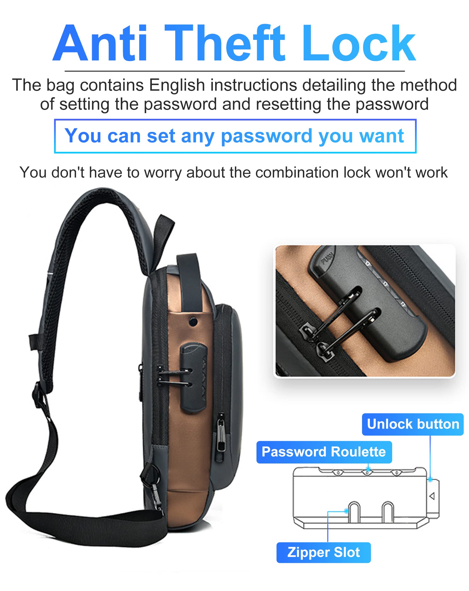 Geanbun Sling Bag for Men Anti-Theft USB Crossbody Backpack Waterproof Chest Daypack Lightweight Shoulder Bag (Grey)