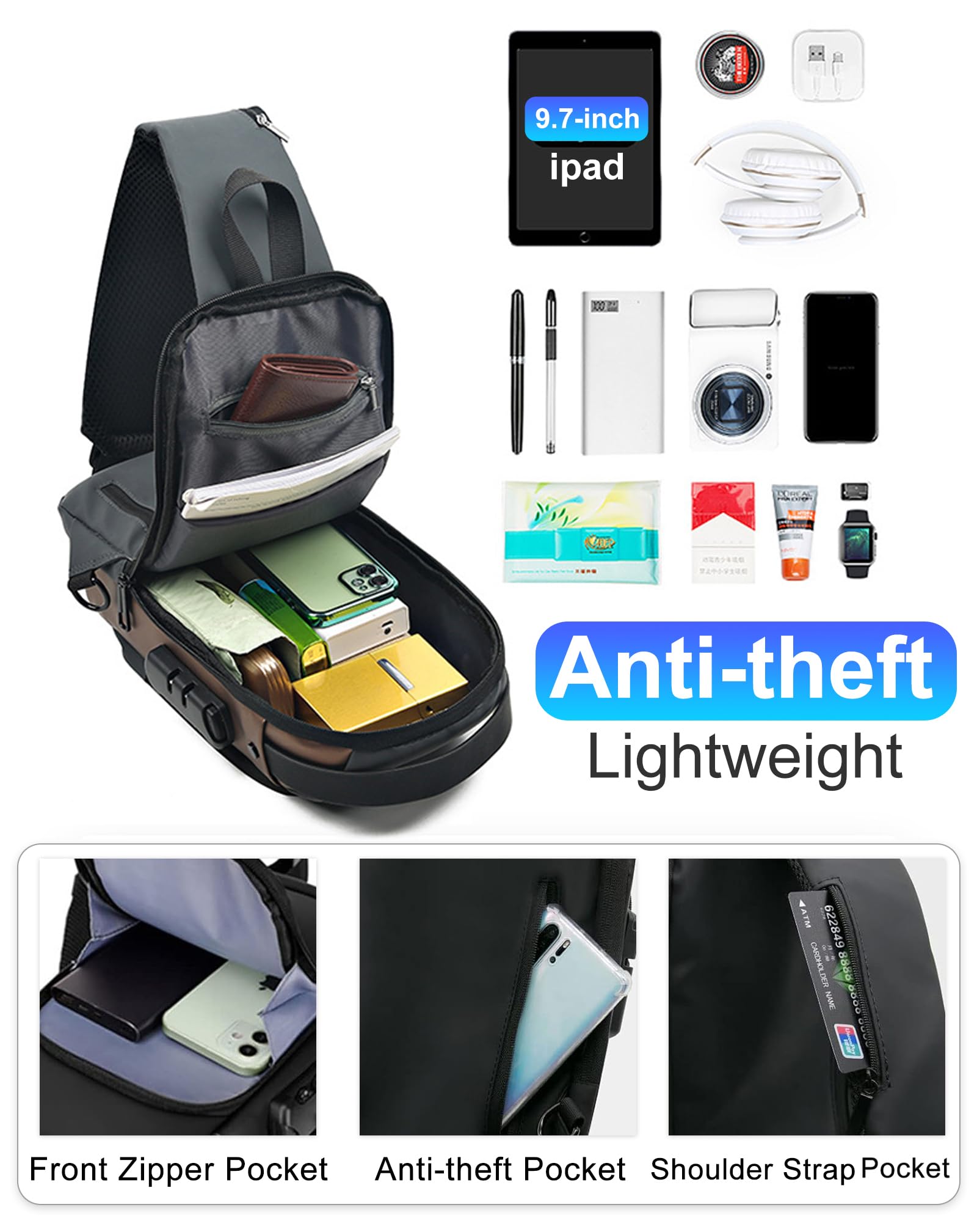 Geanbun Sling Bag for Men Anti-Theft USB Crossbody Backpack Waterproof Chest Daypack Lightweight Shoulder Bag (Grey)