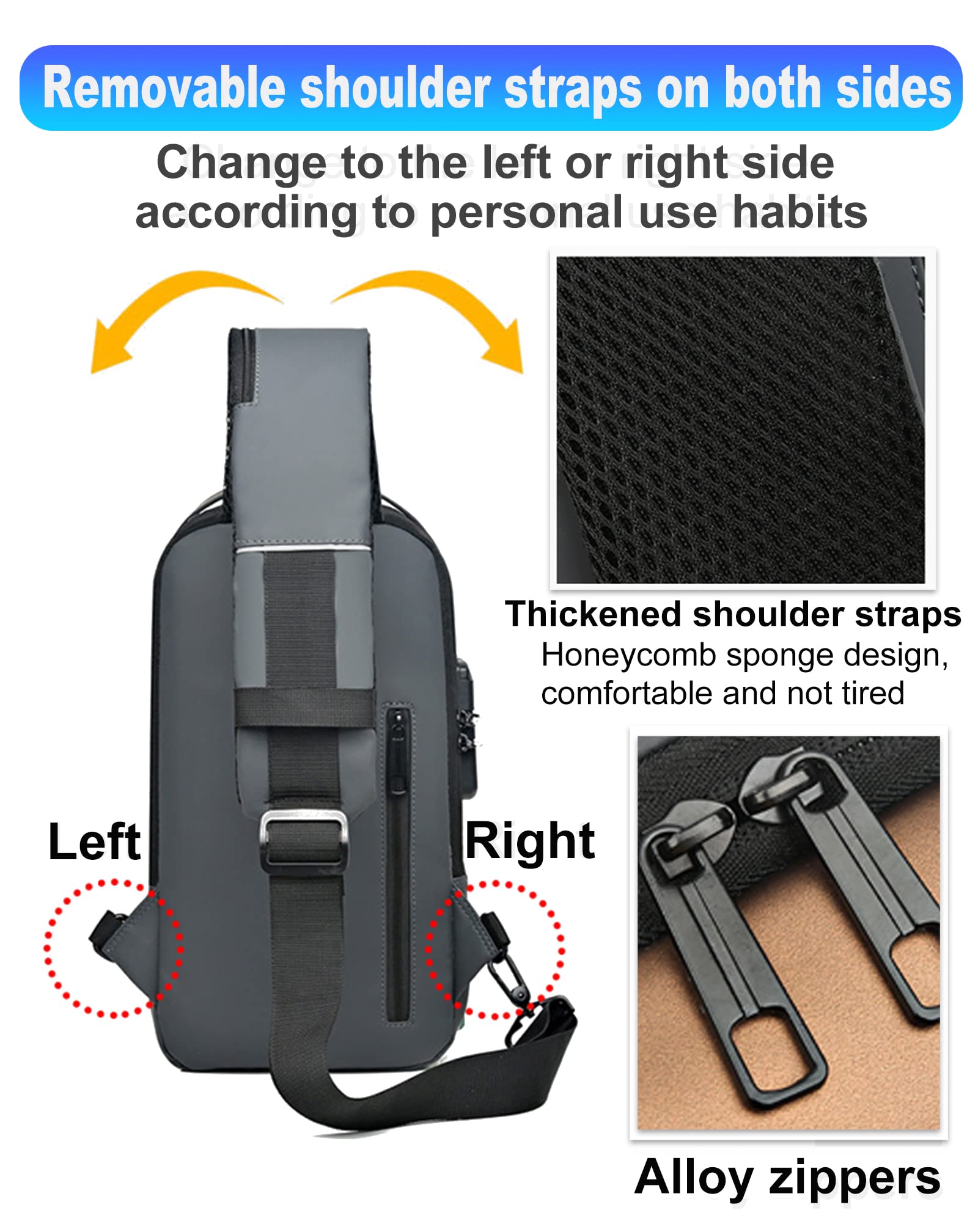 Geanbun Sling Bag for Men Anti-Theft USB Crossbody Backpack Waterproof Chest Daypack Lightweight Shoulder Bag (Grey)