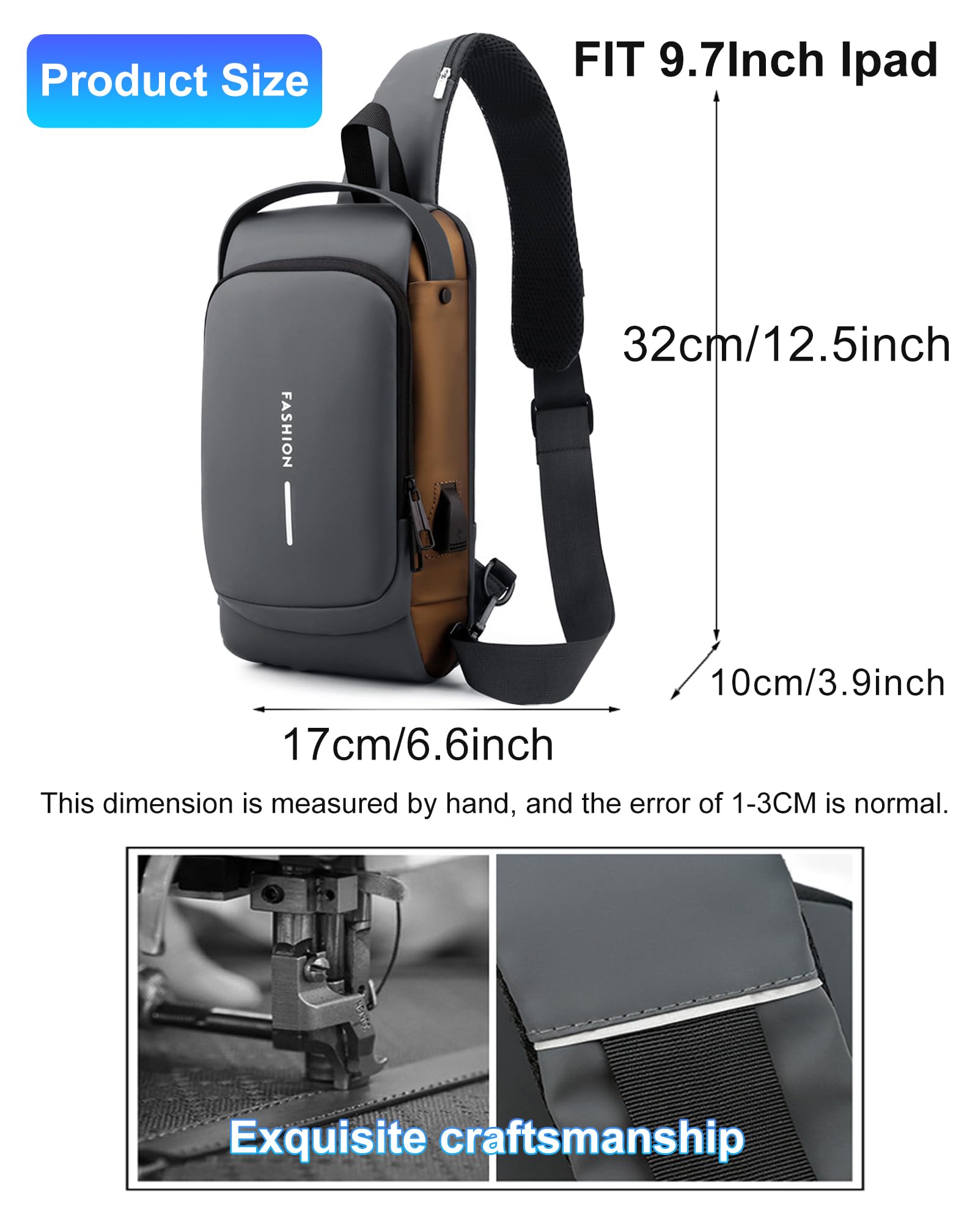 Geanbun Sling Bag for Men Anti-Theft USB Crossbody Backpack Waterproof Chest Daypack Lightweight Shoulder Bag (Grey)
