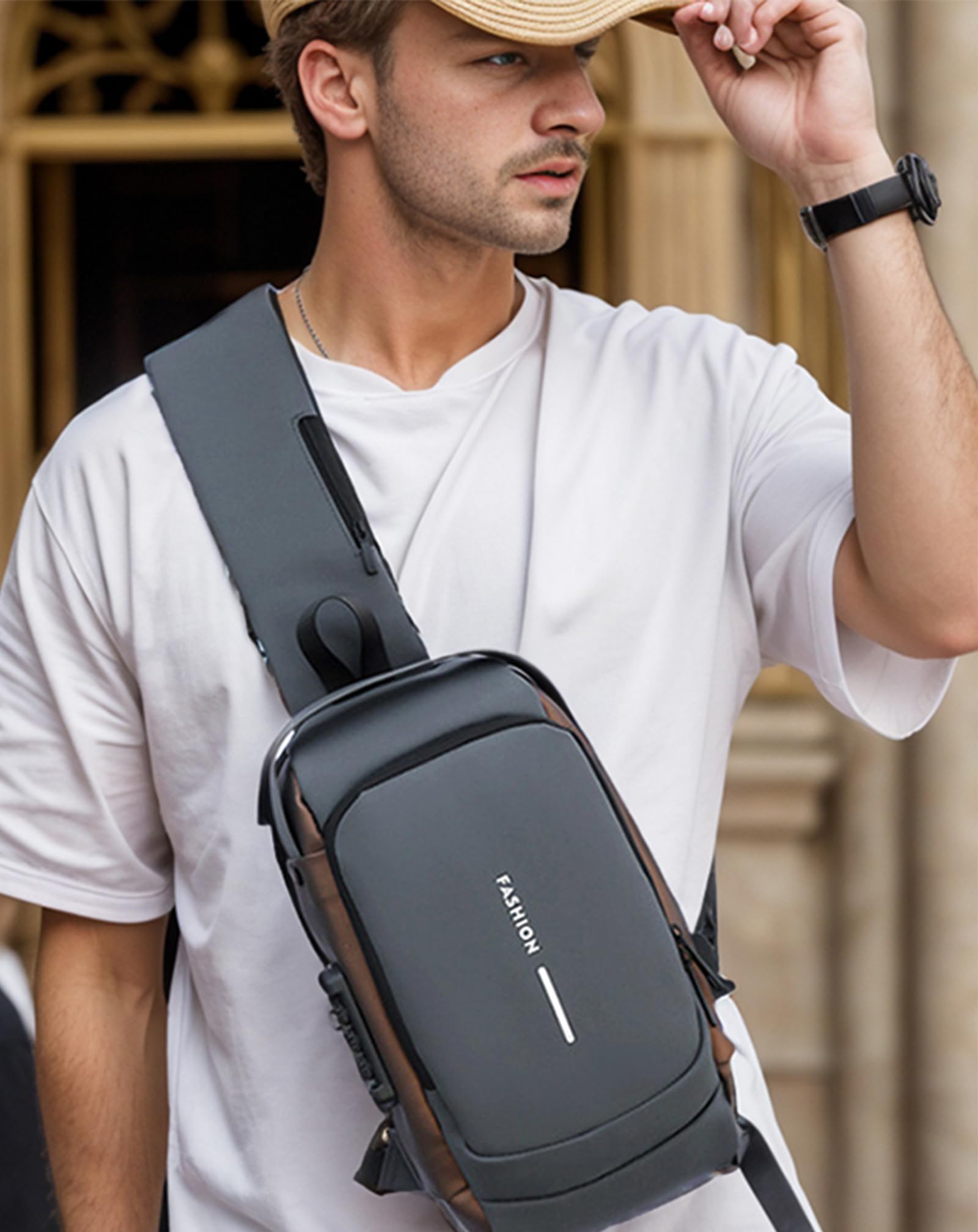 Geanbun Sling Bag for Men Anti-Theft USB Crossbody Backpack Waterproof Chest Daypack Lightweight Shoulder Bag (Grey)
