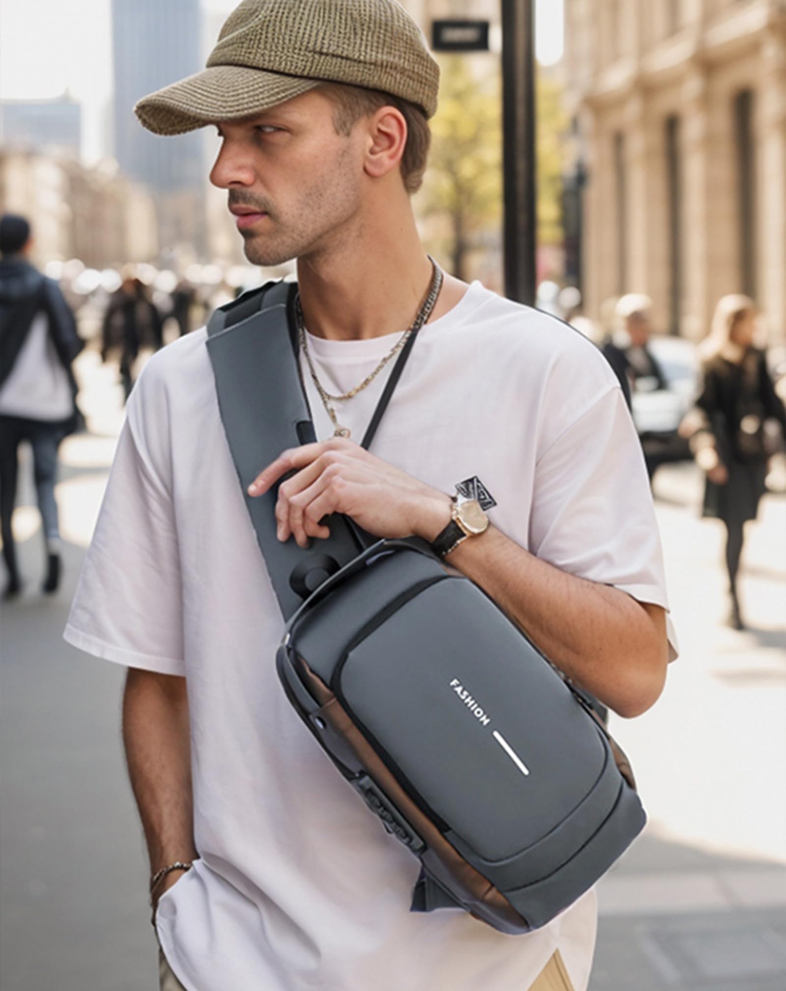 Geanbun Sling Bag for Men Anti-Theft USB Crossbody Backpack Waterproof Chest Daypack Lightweight Shoulder Bag (Grey)