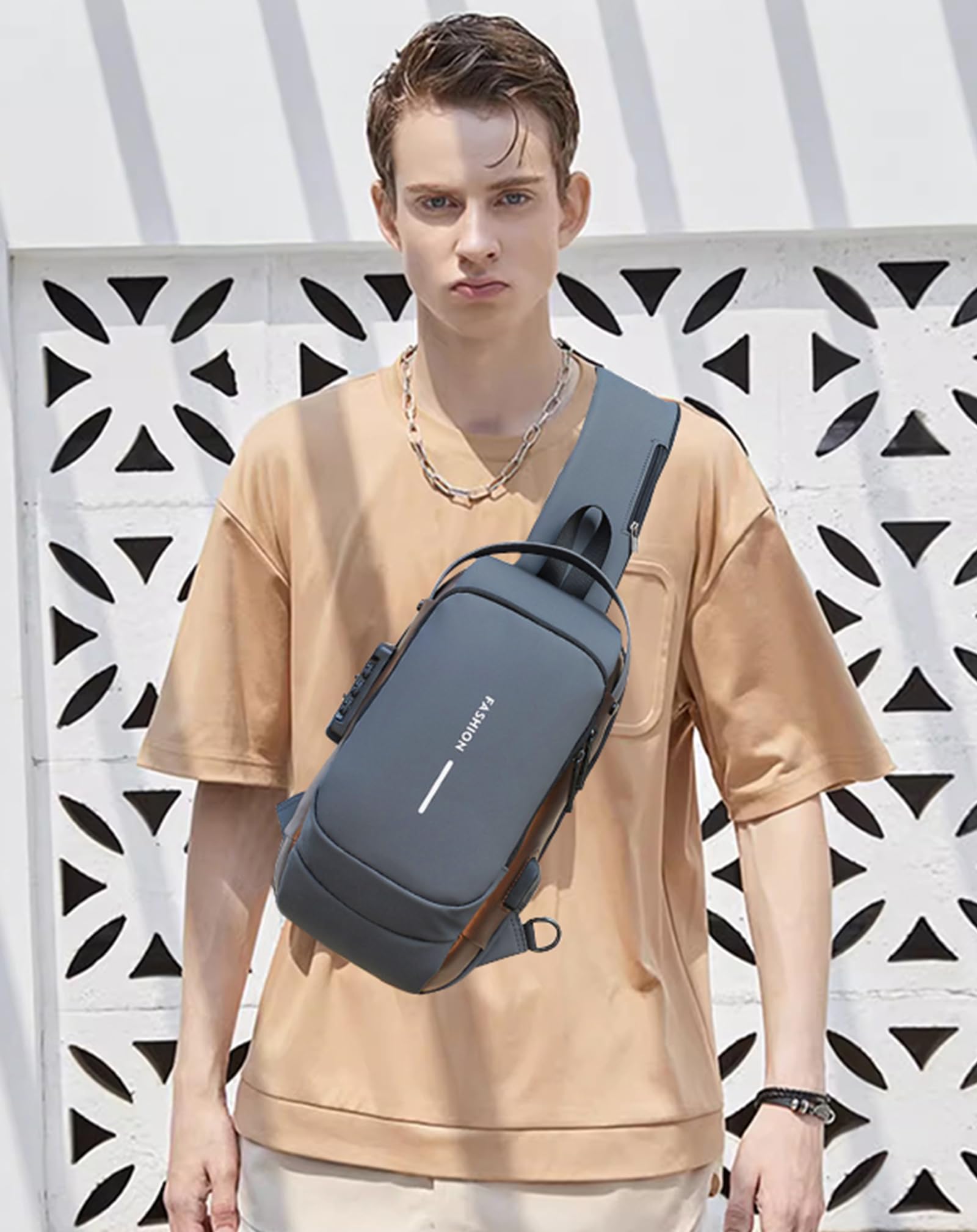 Geanbun Sling Bag for Men Anti-Theft USB Crossbody Backpack Waterproof Chest Daypack Lightweight Shoulder Bag (Grey)