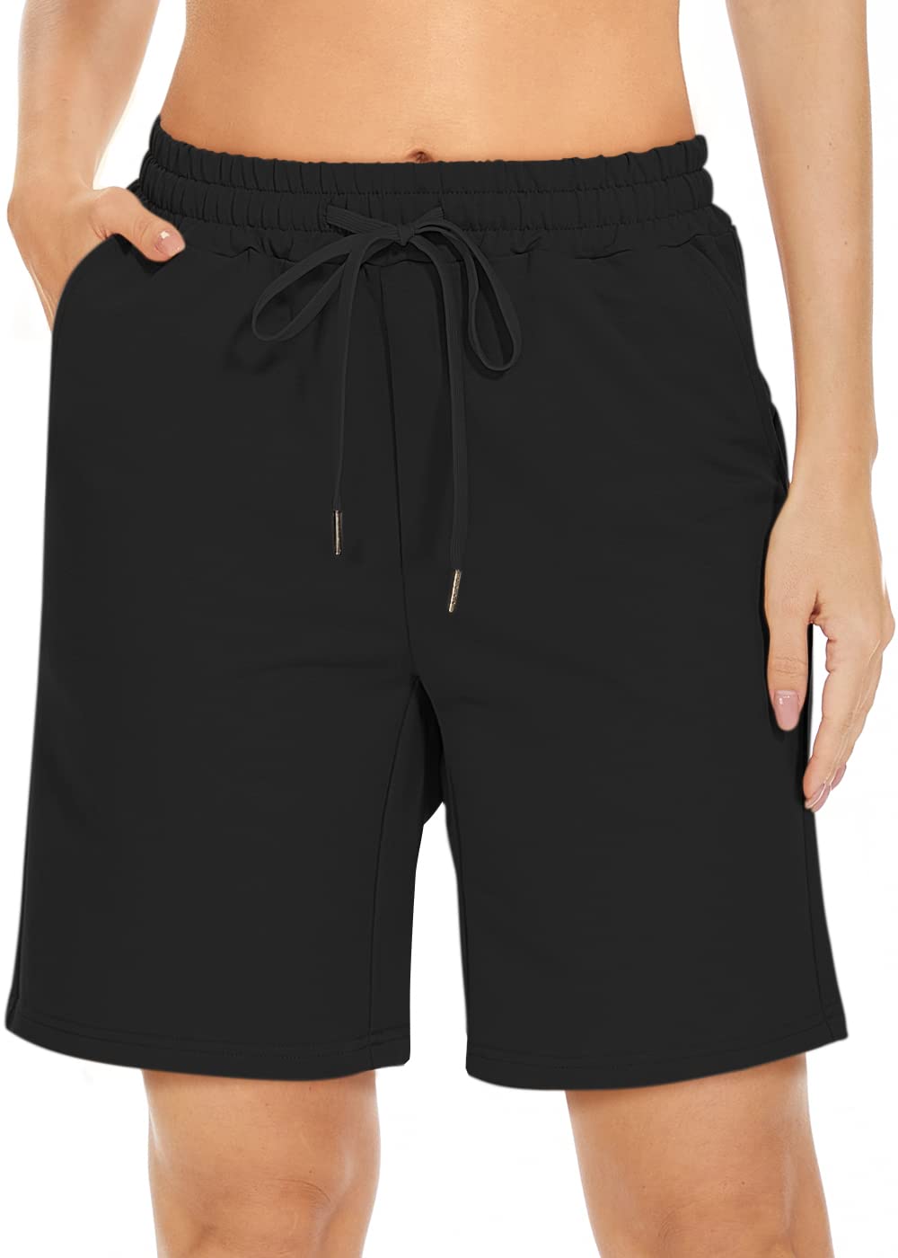 TARSE Women's Bermuda Shorts Summer Long Cotton Drawstring Loose Pocket Knee Length Shorts Yoga Casual Walking Exercise Shorts(Black,M)