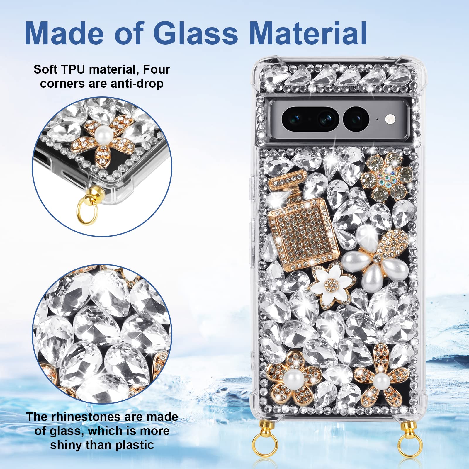 Leiju Case for Google Pixel 7 Pro with Strap Glitter Design,3D Handmade Sparkle Stunning Stones Crystal Diamond Bling Glitter Phone Case for Google Pixel 7 Pro