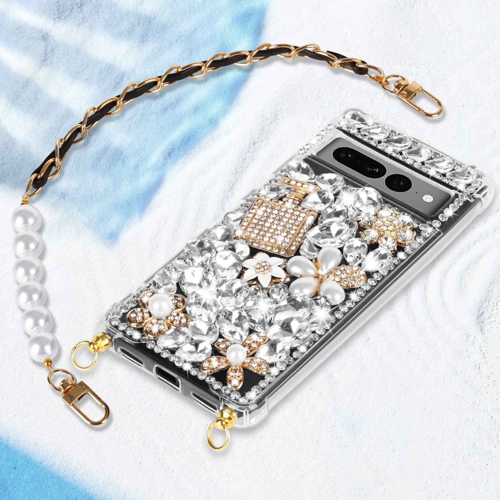 Leiju Case for Google Pixel 7 Pro with Strap Glitter Design,3D Handmade Sparkle Stunning Stones Crystal Diamond Bling Glitter Phone Case for Google Pixel 7 Pro