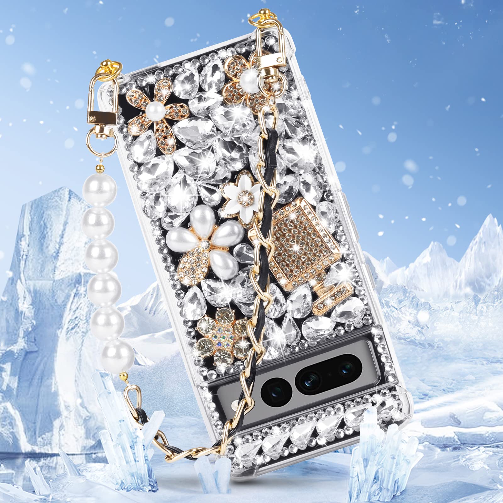 Leiju Case for Google Pixel 7 Pro with Strap Glitter Design,3D Handmade Sparkle Stunning Stones Crystal Diamond Bling Glitter Phone Case for Google Pixel 7 Pro