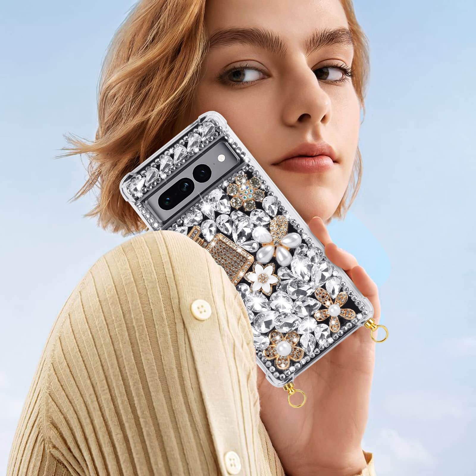 Leiju Case for Google Pixel 7 Pro with Strap Glitter Design,3D Handmade Sparkle Stunning Stones Crystal Diamond Bling Glitter Phone Case for Google Pixel 7 Pro