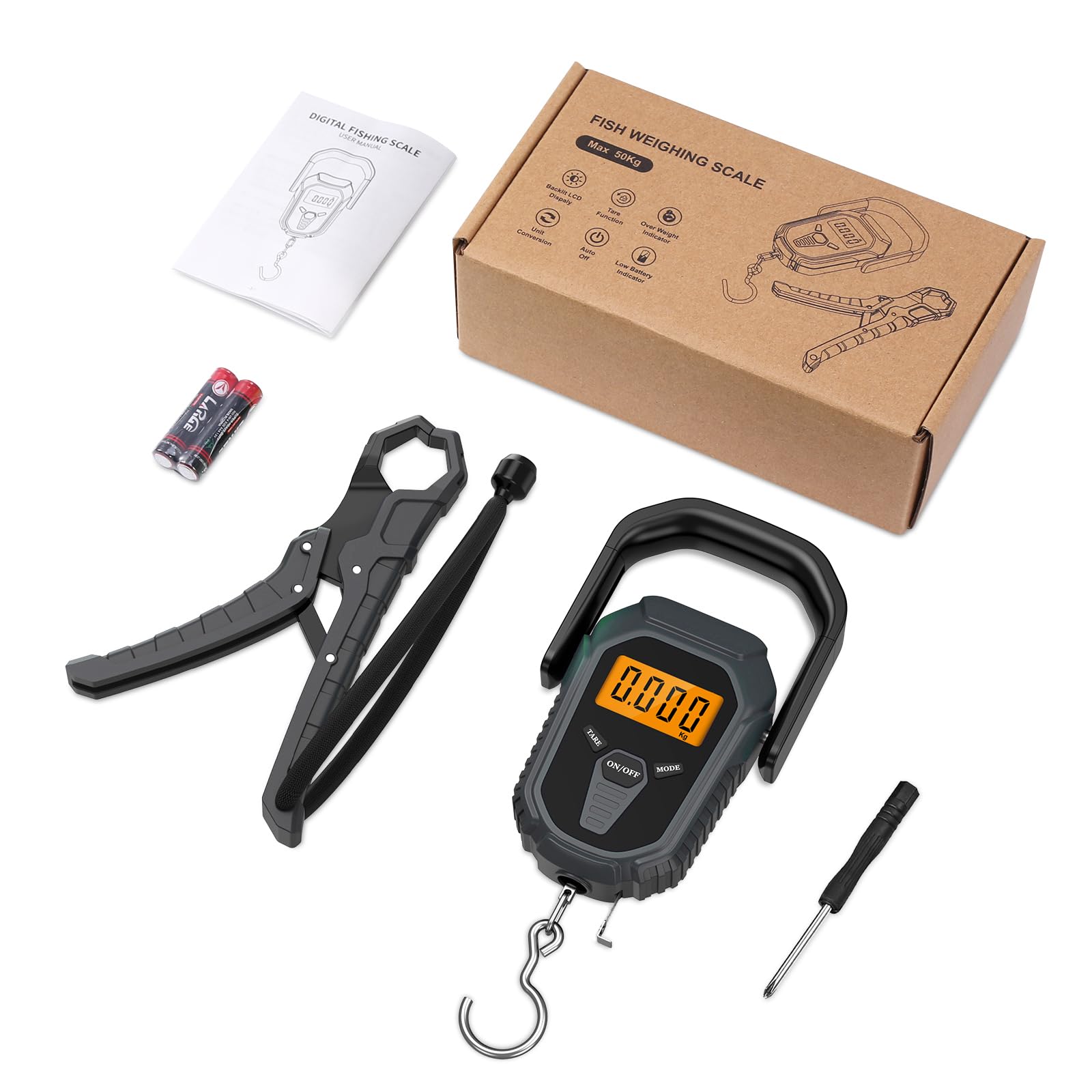 AMIR Digital Fishing Scale with Ruler, Electronic Digital Luggage Scale 110lb Weight Max, Electronic Portable Hanging with Measuring Tape, Lb/oz/Kg Mode, Batteries Included
