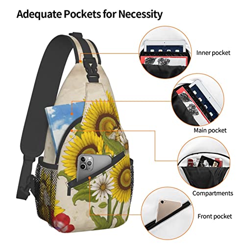 OGNOT Bees Sunflowers Daisy Rose Flowers Sling Bag,Crossbody Sling Backpack Shoulder Chest Bag, For Women Men Travel Hiking Causal Daypack