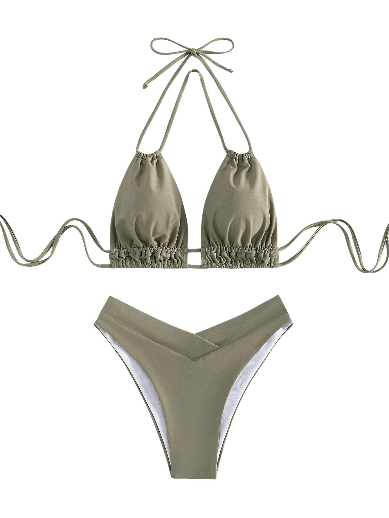 SweatyRocks Women's 2 Piece Bathing Suit Lace Up Halter Triangle Bikini Asymmetrical Waist High Cut Swimsuit Army Green L