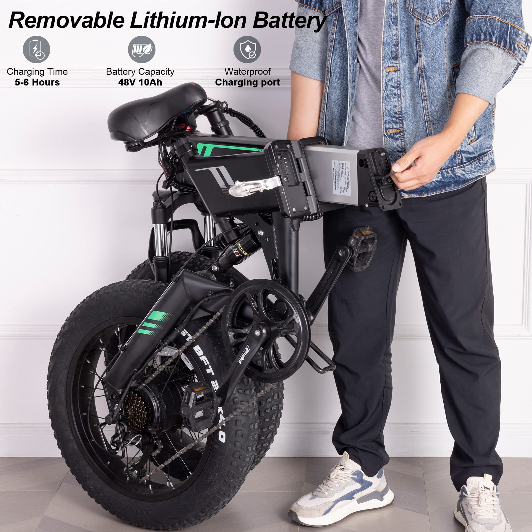 Wooken Electric Bike for Adults, 20''X4.0 Fat Tire Ebike for Adults, (Peak 750W) Foldable Electric Bicycle with 48V 10Ah Battery, 7 Speed, Shock Absorber, 20MPH Ebike for Mountain Beach Snow