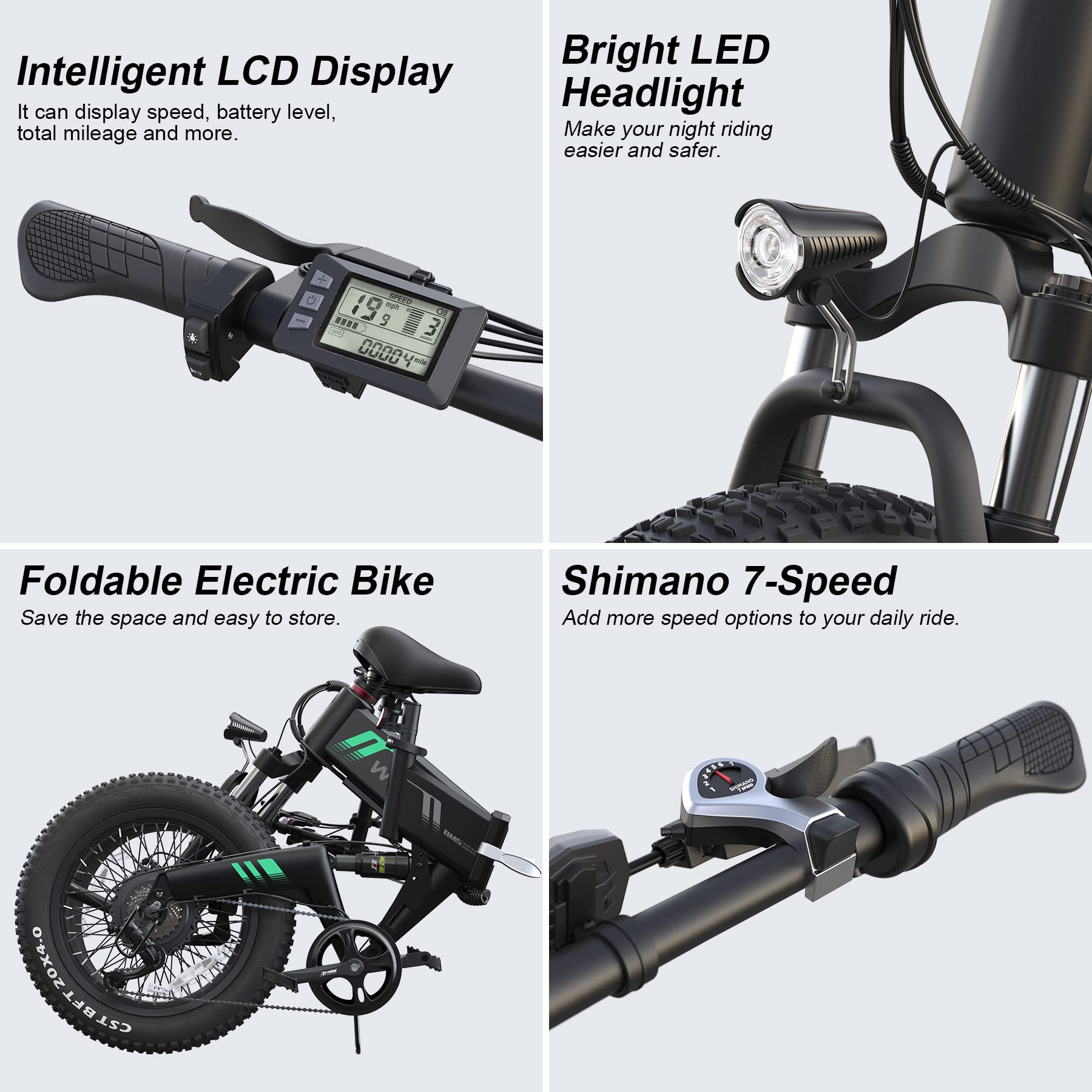 Wooken Electric Bike for Adults, 20''X4.0 Fat Tire Ebike for Adults, (Peak 750W) Foldable Electric Bicycle with 48V 10Ah Battery, 7 Speed, Shock Absorber, 20MPH Ebike for Mountain Beach Snow