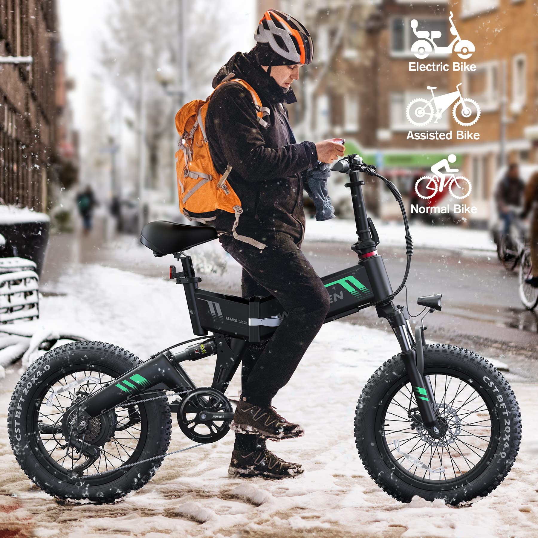 Wooken Electric Bike for Adults, 20''X4.0 Fat Tire Ebike for Adults, (Peak 750W) Foldable Electric Bicycle with 48V 10Ah Battery, 7 Speed, Shock Absorber, 20MPH Ebike for Mountain Beach Snow