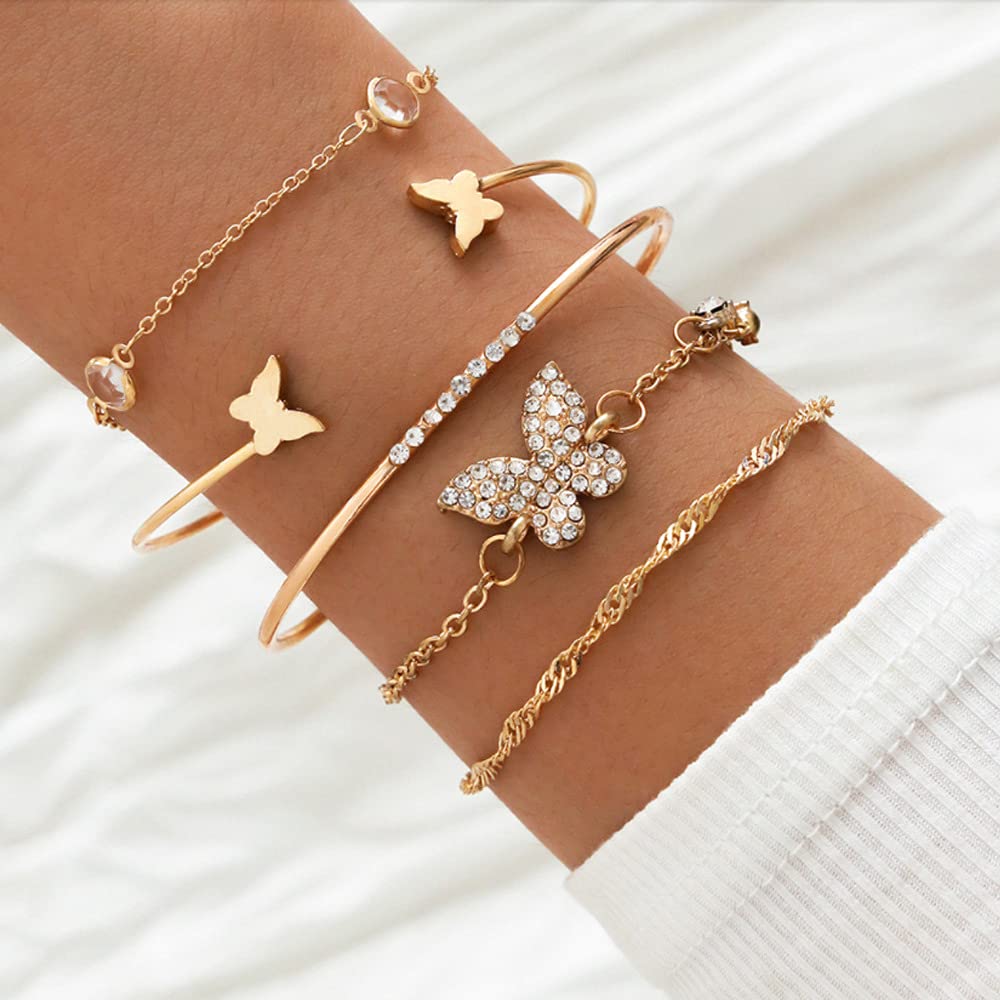 Fuqimanman2020 Bohemian 5pcs Butterfly Crystal Bangle Set Butterfly Open Bracelet for Women-Gold