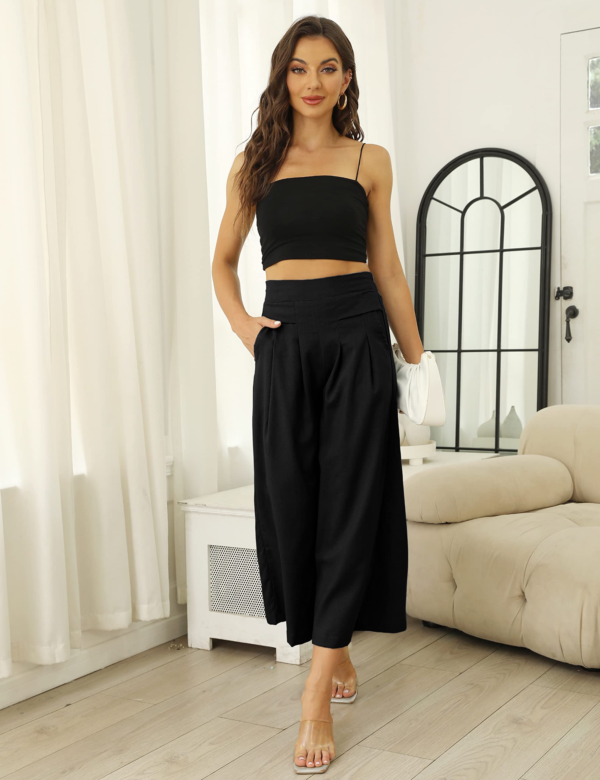 Hooever Women's Cotton Linen Culottes Pants Elastic Waist Wide Leg Palazzo Trousers Capri Pant (Black-XL)