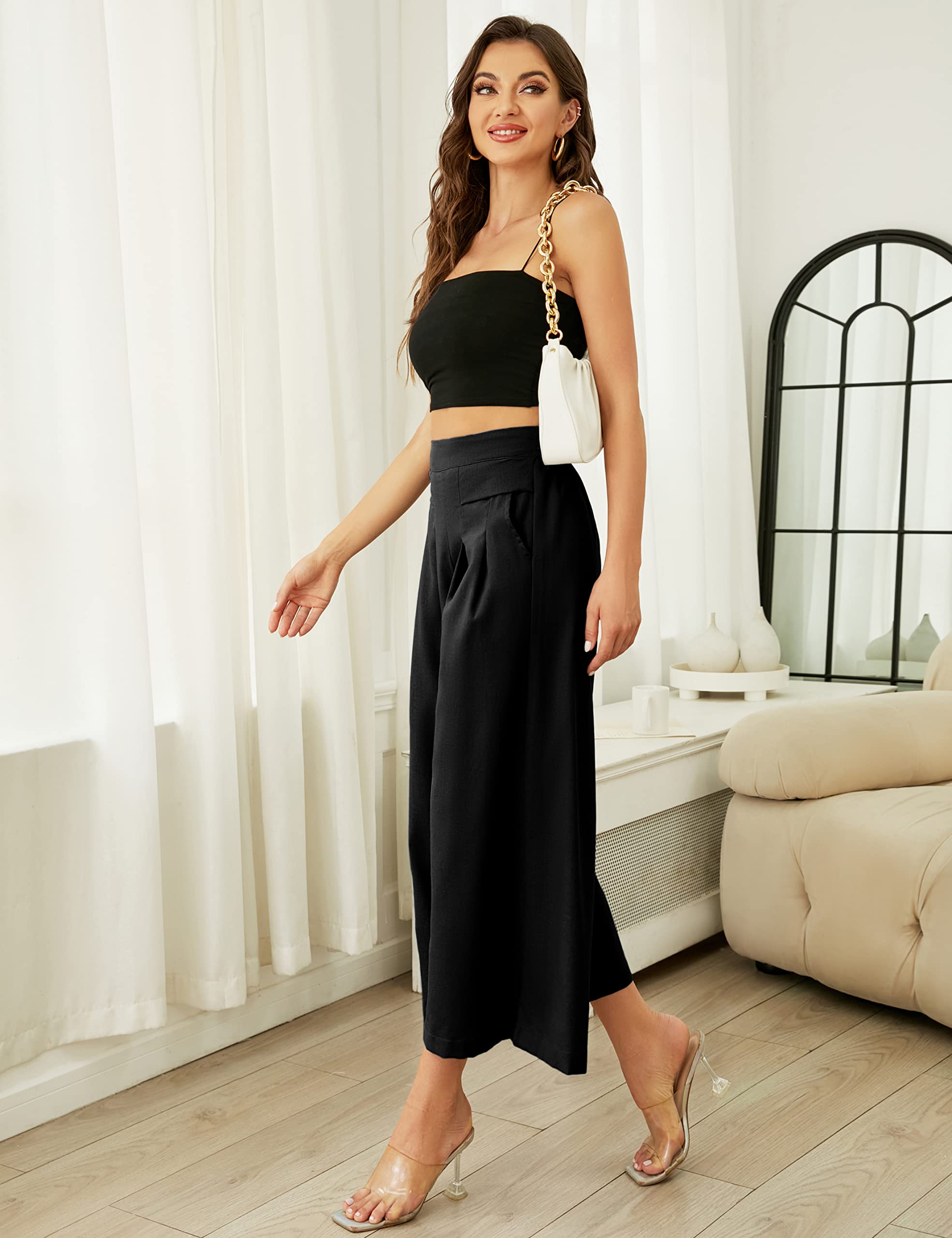 Hooever Women's Cotton Linen Culottes Pants Elastic Waist Wide Leg Palazzo Trousers Capri Pant (Black-XL)