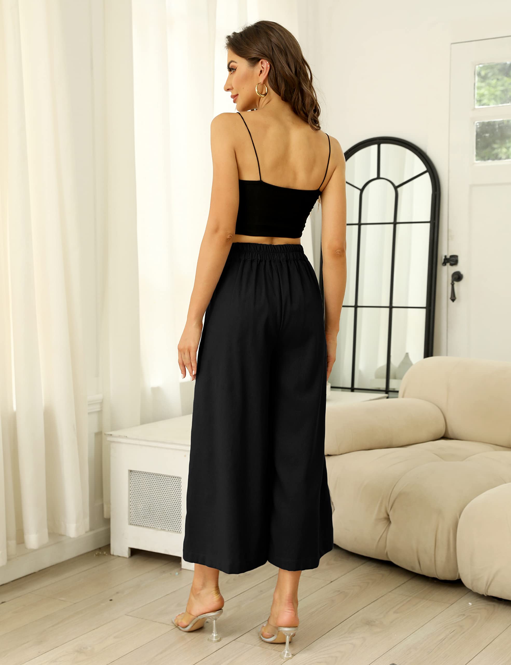 Hooever Women's Cotton Linen Culottes Pants Elastic Waist Wide Leg Palazzo Trousers Capri Pant (Black-XL)
