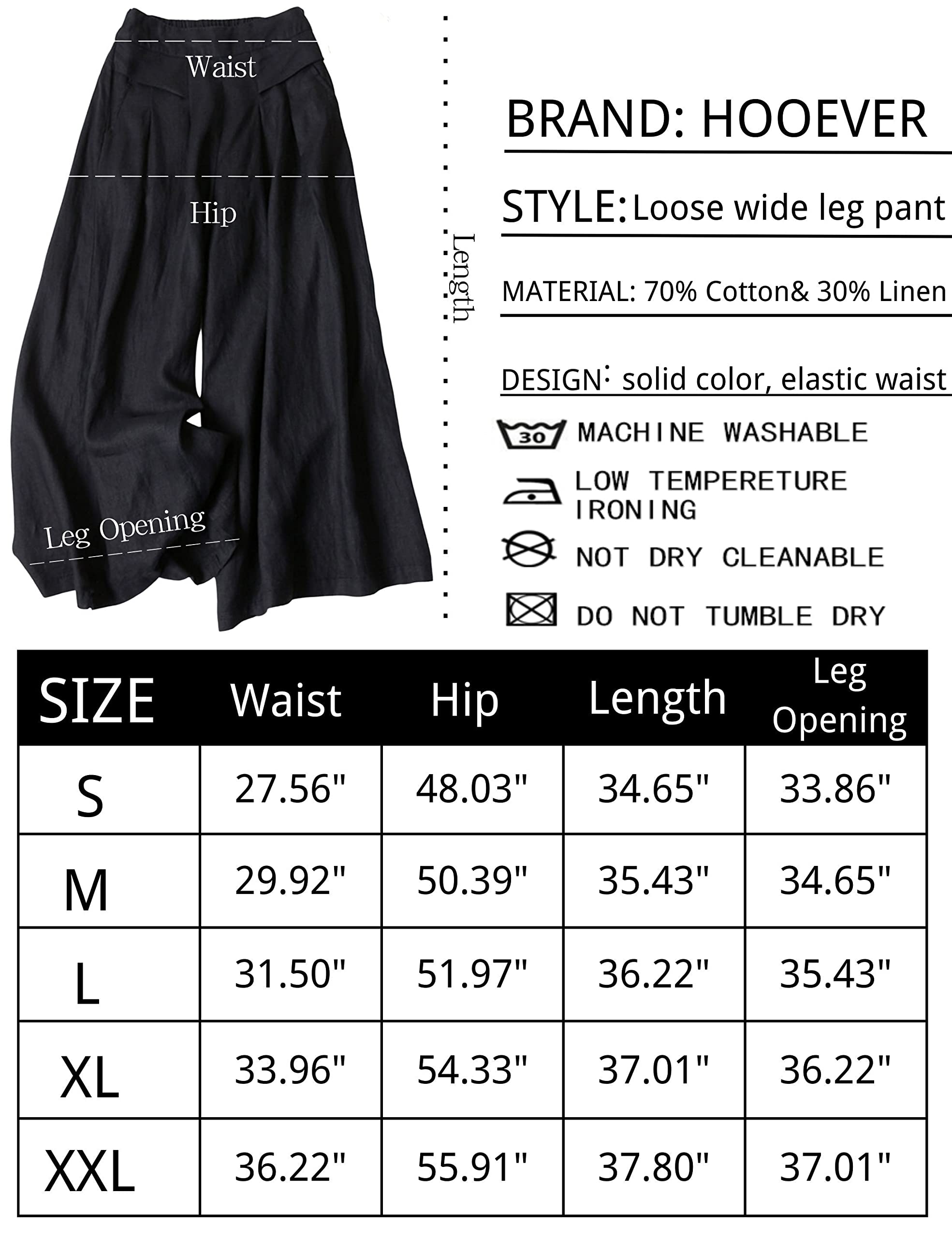 Hooever Women's Cotton Linen Culottes Pants Elastic Waist Wide Leg Palazzo Trousers Capri Pant (Black-XL)